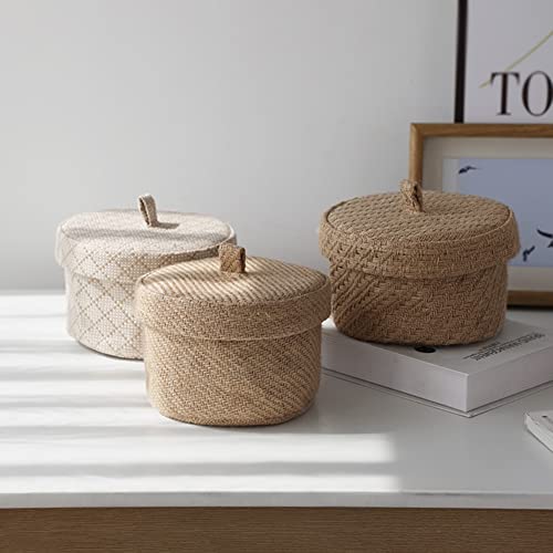 Round Baskets with Lid, Decorative Linen Lidded Storage Baskets, Small Woven Basket for Organizing, 6.3 x 4.72 Inch