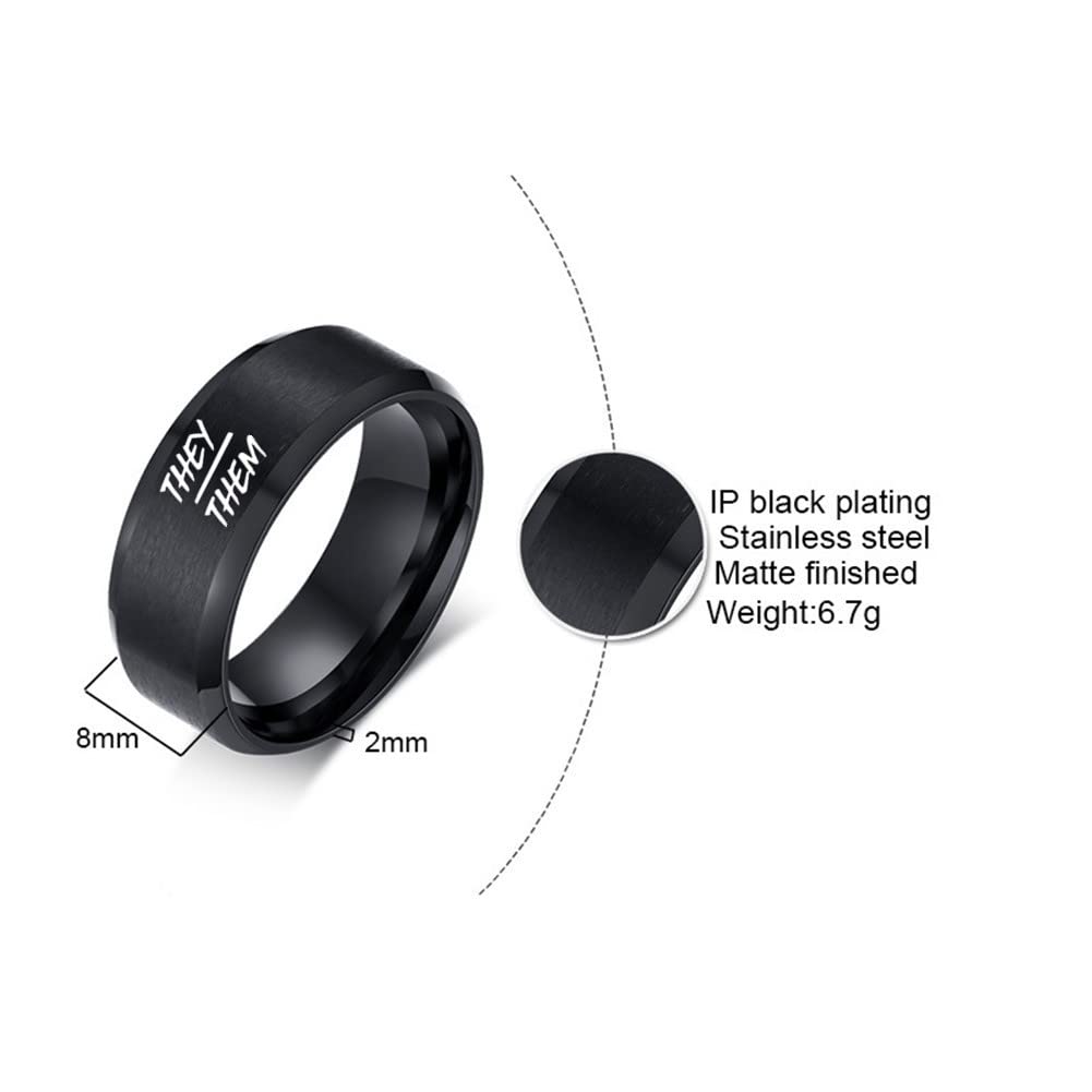 KBNSUIAN Pronoun Gender They Them Ring 8mm Matte Pride Band Ring Nonbinary NB Pride Genderqueer LGBTQ Pronouns Jewelry, Size 11