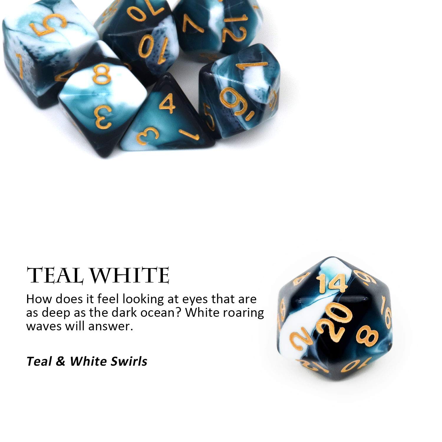 Haxtec Swirl DND Dice Set 7PCS Polyhedral D&D Teal Dice for Roleplaying Dice Games as Dungeons and Dragons (Teal White)