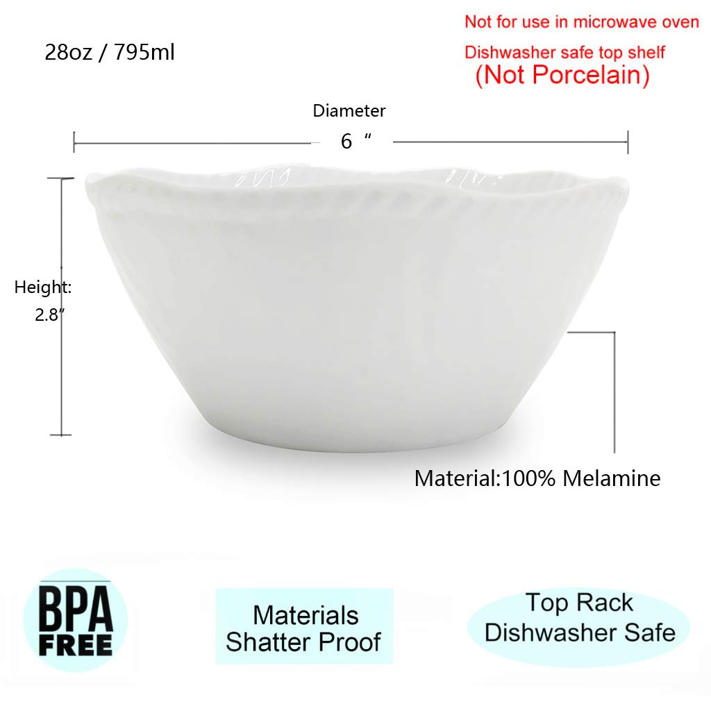 KX-WARE Melamine Cereal Bowls Set - 28 oz/6 inch 100% Melamine Soup/Salad Bowls | set of 6, White | Break-resistant and Dishwasher Safe, BPA Free