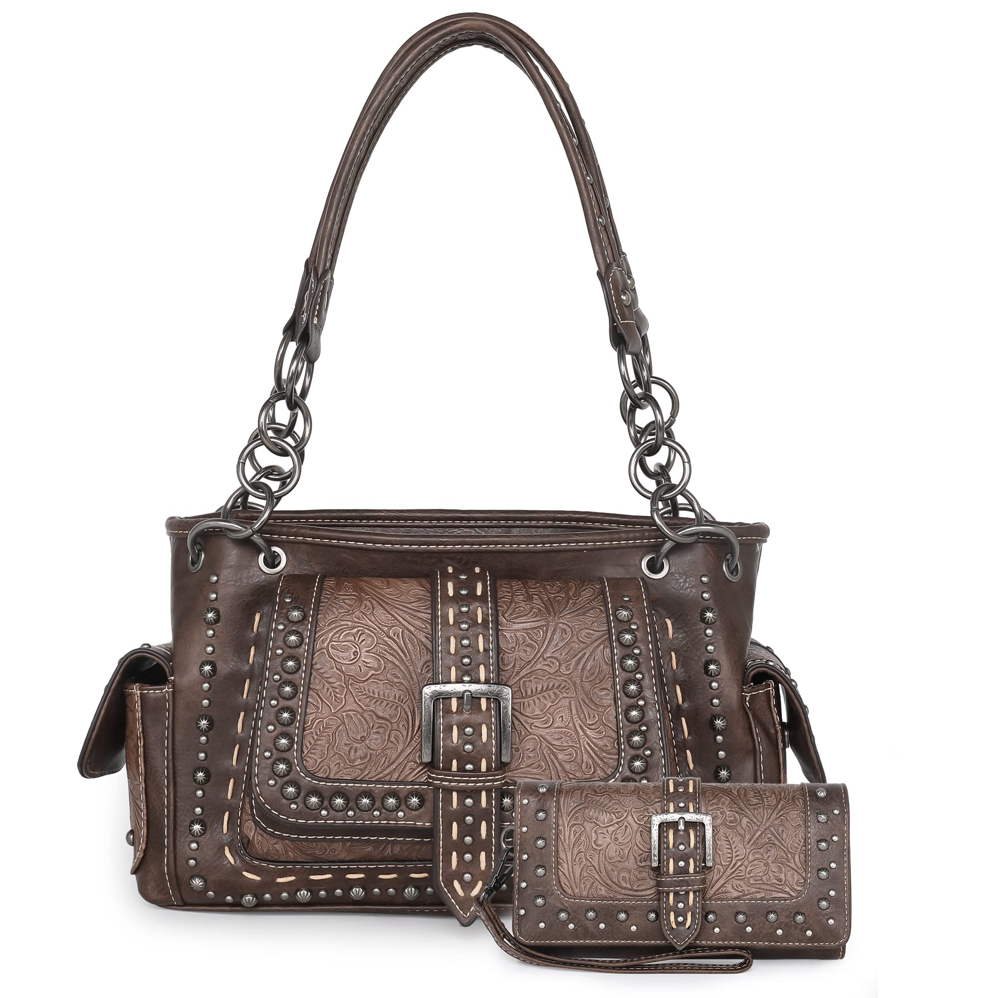 Montana West Western Embossed Collection Tote Bag Vegan Leather Antique buckle silver studs Satchel Handbag with Wallet MBB-MW1117G-8085CF+W
