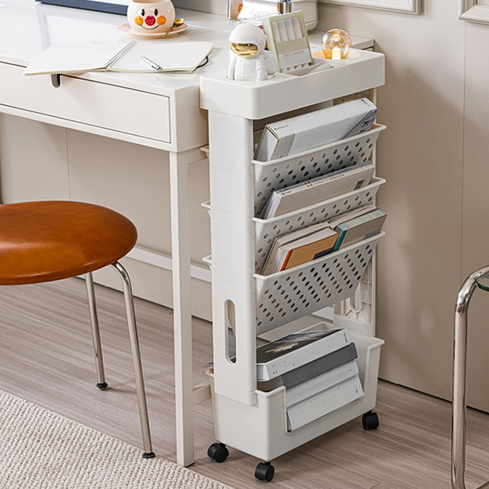 HEEPDD Movable Bookshelf Cart, 5-Tier Plastic Rolling Utility Cart Multifunctional Storage Trolley for Office Living Room Home Kitchen School (White)