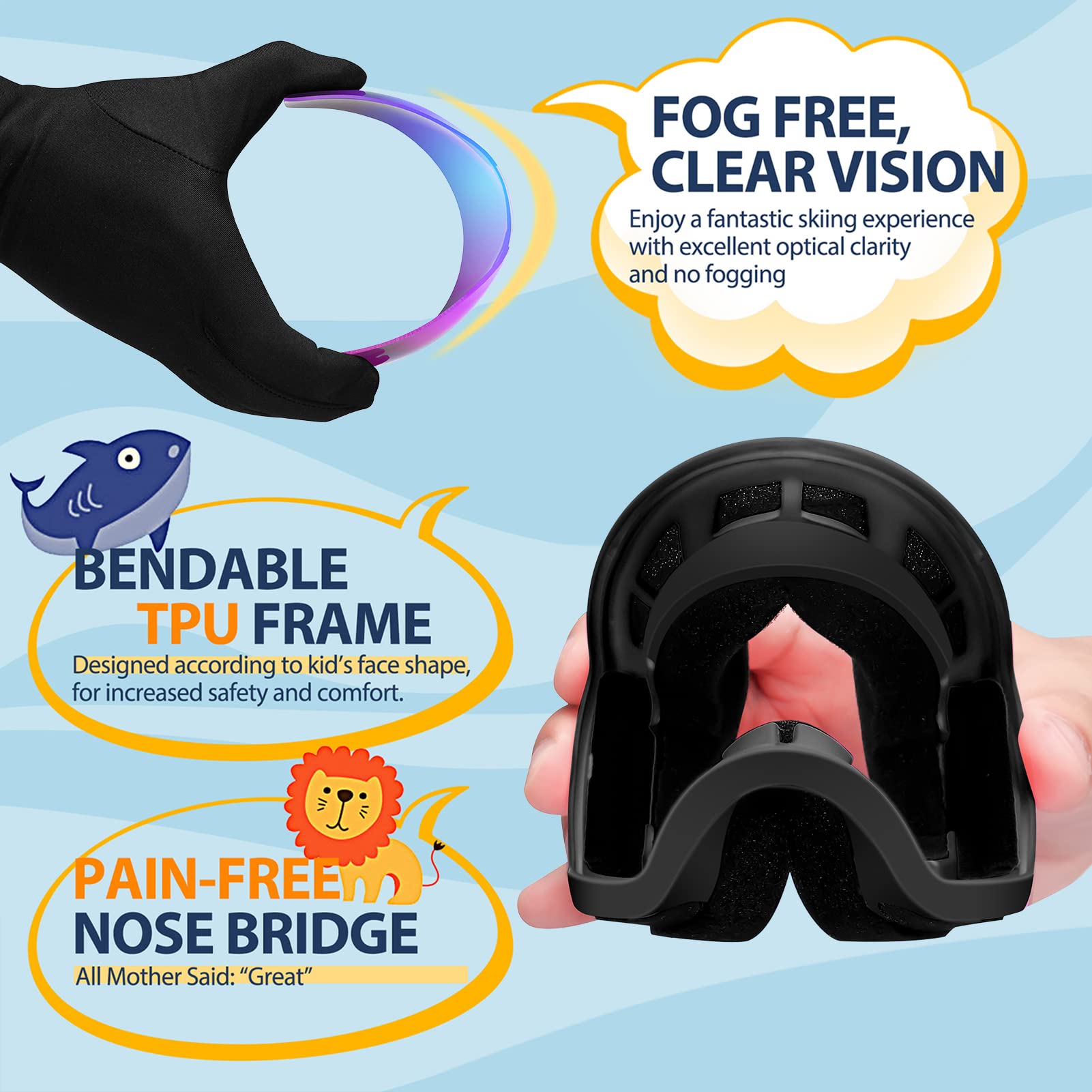 LOEO Kids Ski Goggle, Frameless Snow Ski Goggles for Kids Youth Teens Boys and Girls, Helmet Compatible