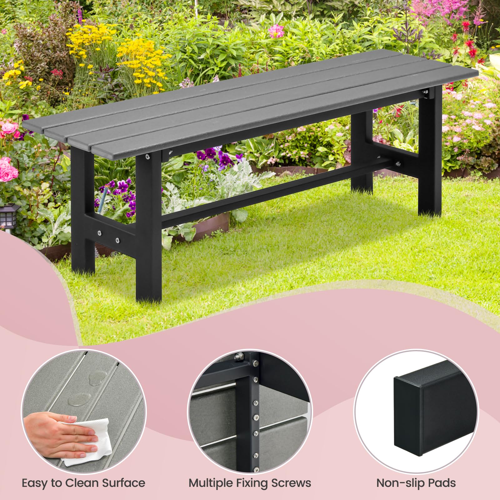 Tangkula 47” Outdoor Garden Bench, 2-Person Patio Park Bench with HDPE Slatted Seat & Metal Frame, 660 LBS Capacity, Rectangular Outdoor Dining Bench for Yard, Garden, Balcony, Entryway (2, Gray)