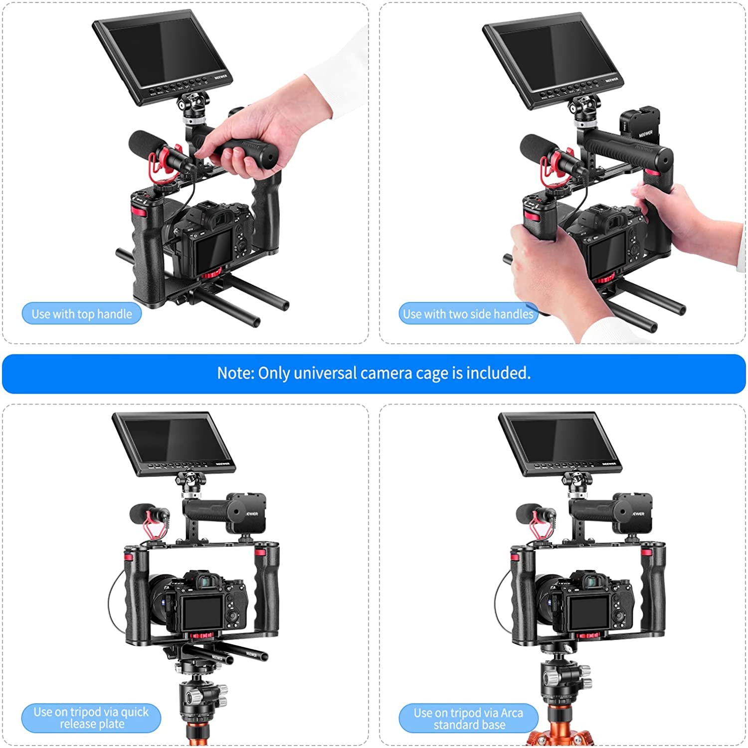 NEEWER Aluminum Alloy Camera Cage, Filmmaking Rig with Top Handle, Dual Grips, Standard Arca Type Base, Compatible with Sony A7S III A7IV A6600 Canon EOS R5C R5 R6 DSLR/Mirrorless Cameras - VS107