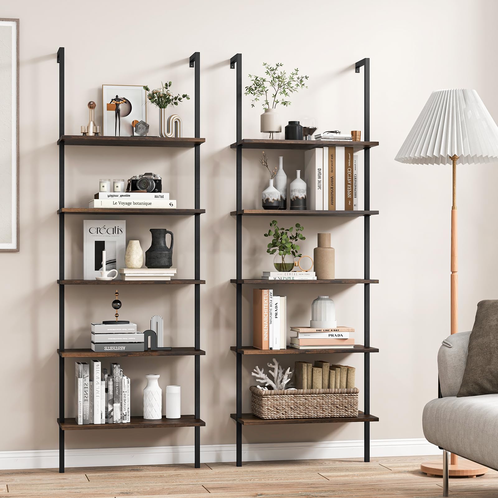 Tangkula 5-Tier Bookshelf, Modern Wall Mounted Ladder Shelf, 5 Tiers Wood Wall Open Bookcase with Metal Frame, Home Office Display Storage Shelves for Collection, Plant Flower Stand (1, Brown)