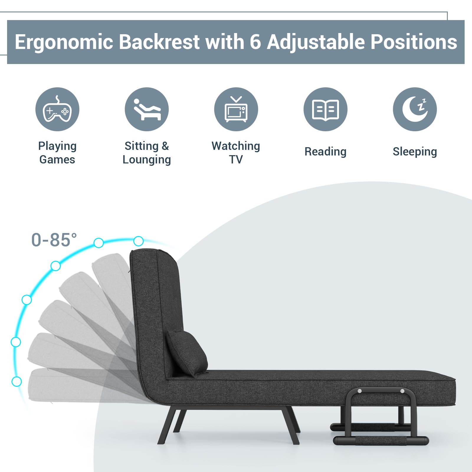 HOMGX, Leisure Recliner Sleeper w/ 6 Adjustable Position Backrest Lounge Seat, Folding w/High Elastic Sponge 4-in-1 Convertible Sofa Chair Bed, Grey