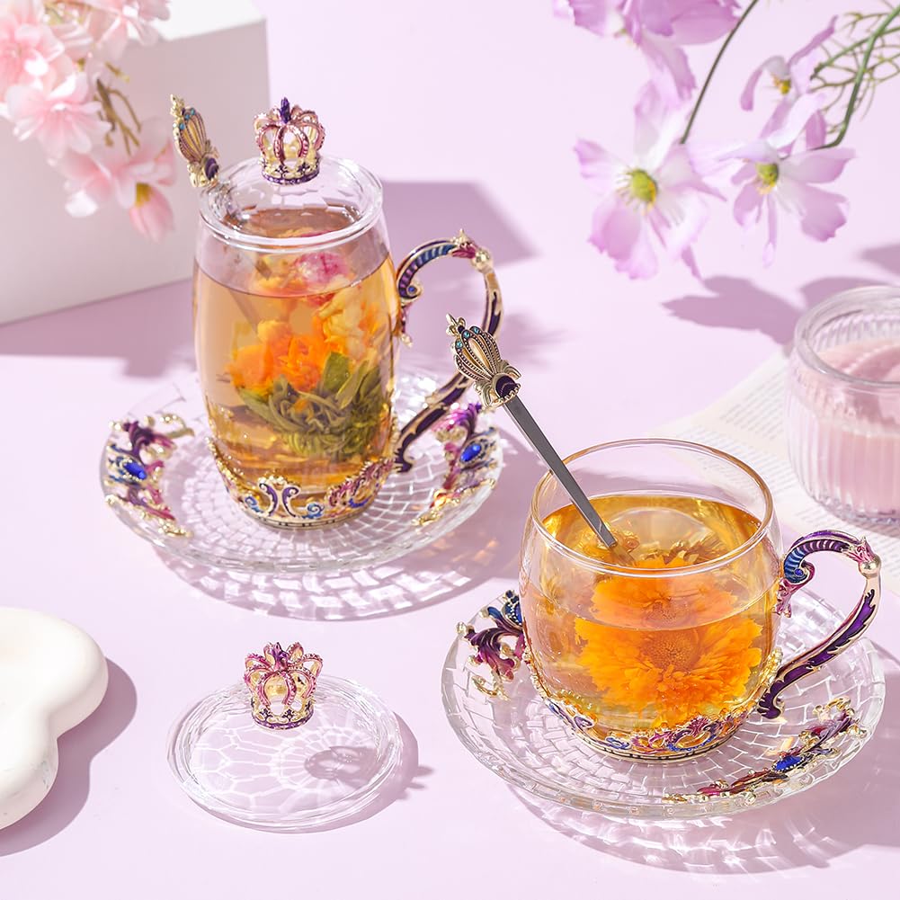 LANTREE Glass Tea Cup with Lid Crown Coffee Mug with Spoon Fancy Tea Cup Antique Gifts for Women Mother's Day Birthday Valentines Day Gift(11oz Crown)