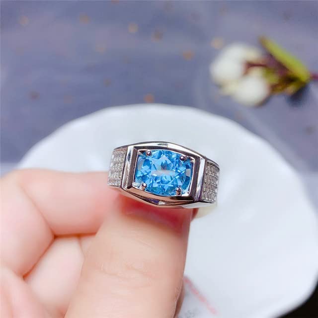 Men Ring Real 925 Sterling Silver 8MM Natural Blue Topaz Ring Fine Jewelry for Men Birthday Anniversary Party Gift ping