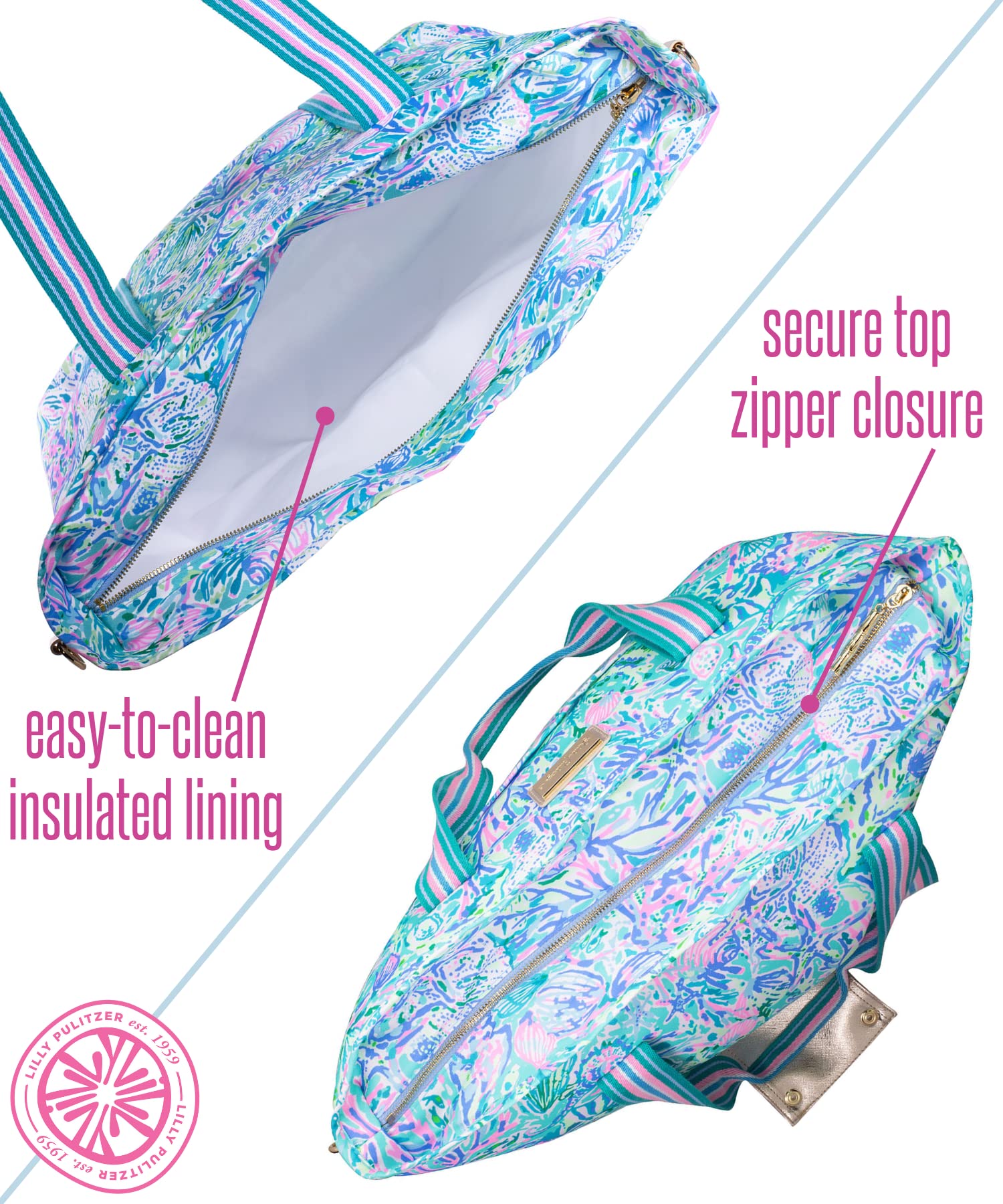 Lilly Pulitzer Picnic and Beach Cooler, Insulated Cooler Bag with Adjustable Shoulder Strap and Zippered Top, Large Soft Cooler for Groceries or Travel, Soleil It On Me