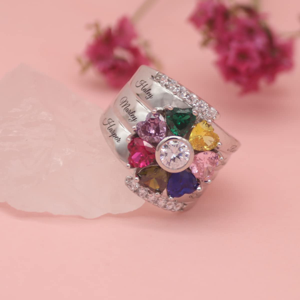 Laleonpame Custom Grandmother Ring Sterling Silver with 7 Birthstones & Names Family Wedding Band Mother's Day Ring