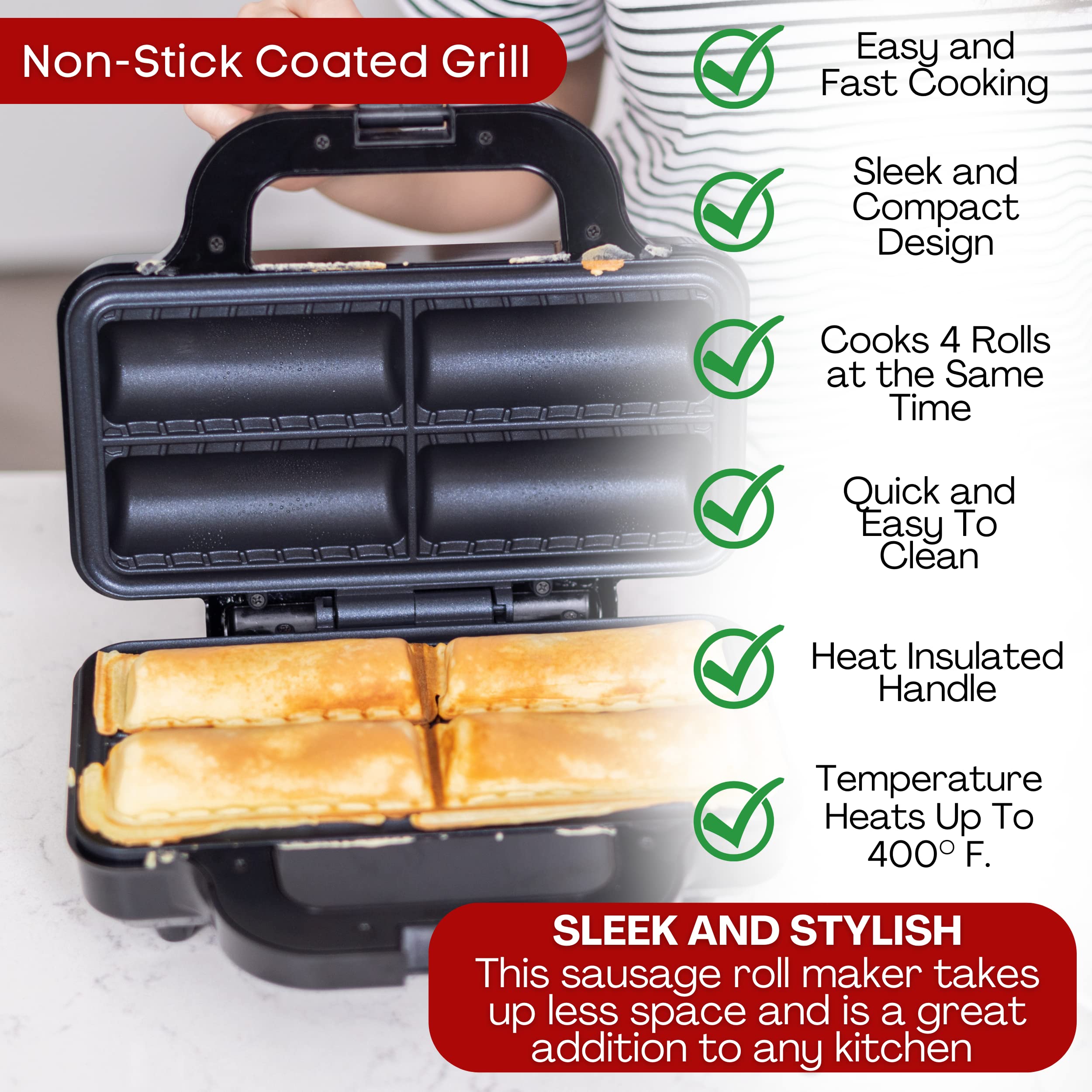 Lumme Sausage Roll Maker, Snack Maker, Delicious Pizza Pockets, Hot Dogs in Blanket, Hot Apple Pie, Chocolate Roll, Sausage Rolls, Fits 4, Non-stick, Make Quick, and savory meals Black