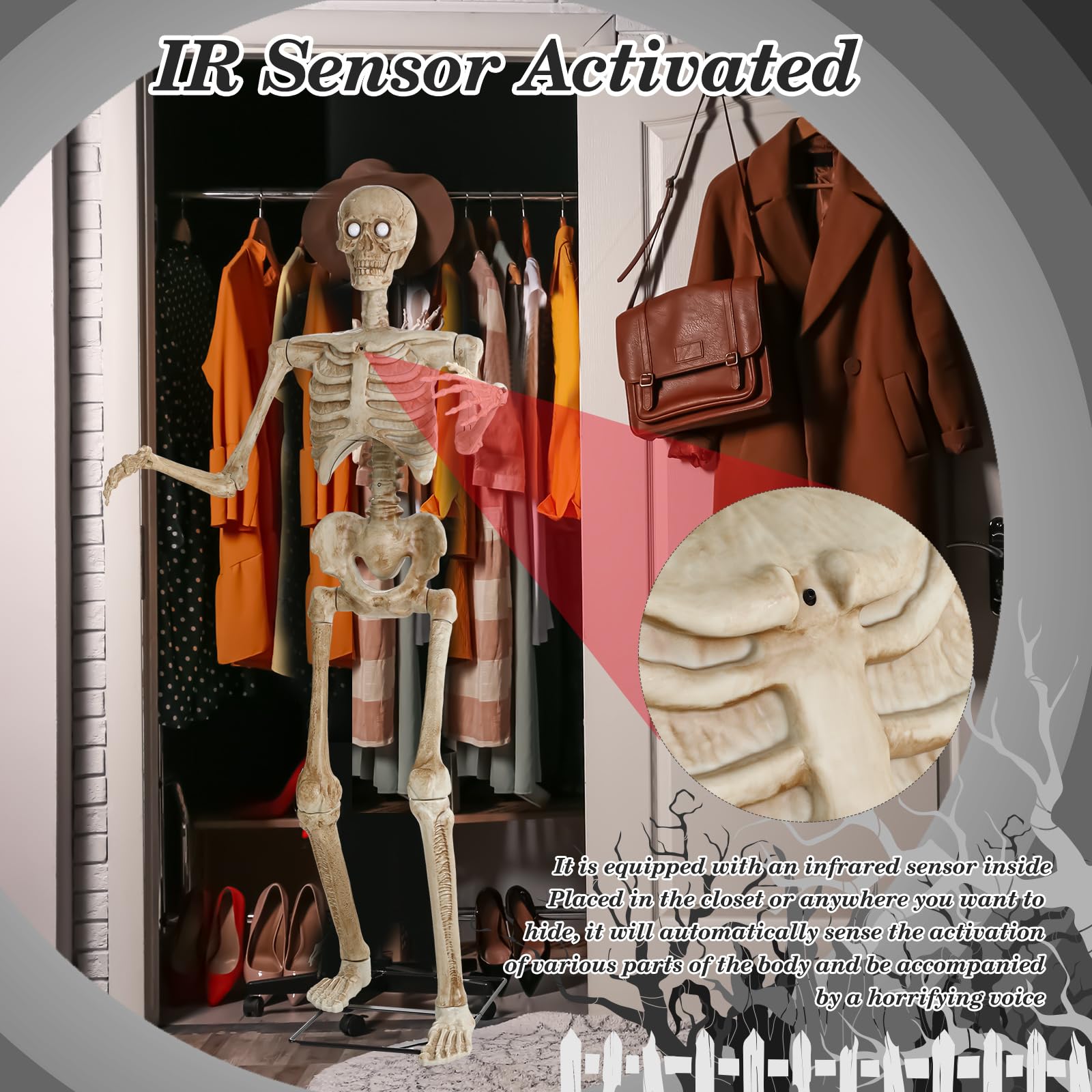 Jenaai 5.3 Ft Halloween Skeleton Decoration Skeleton Grim Animatronic Talking with Creepy Sound Effect, Full Body Posable Human Bones, LED Realistic Glowing Movable Eyeball, for Halloween Party Yard