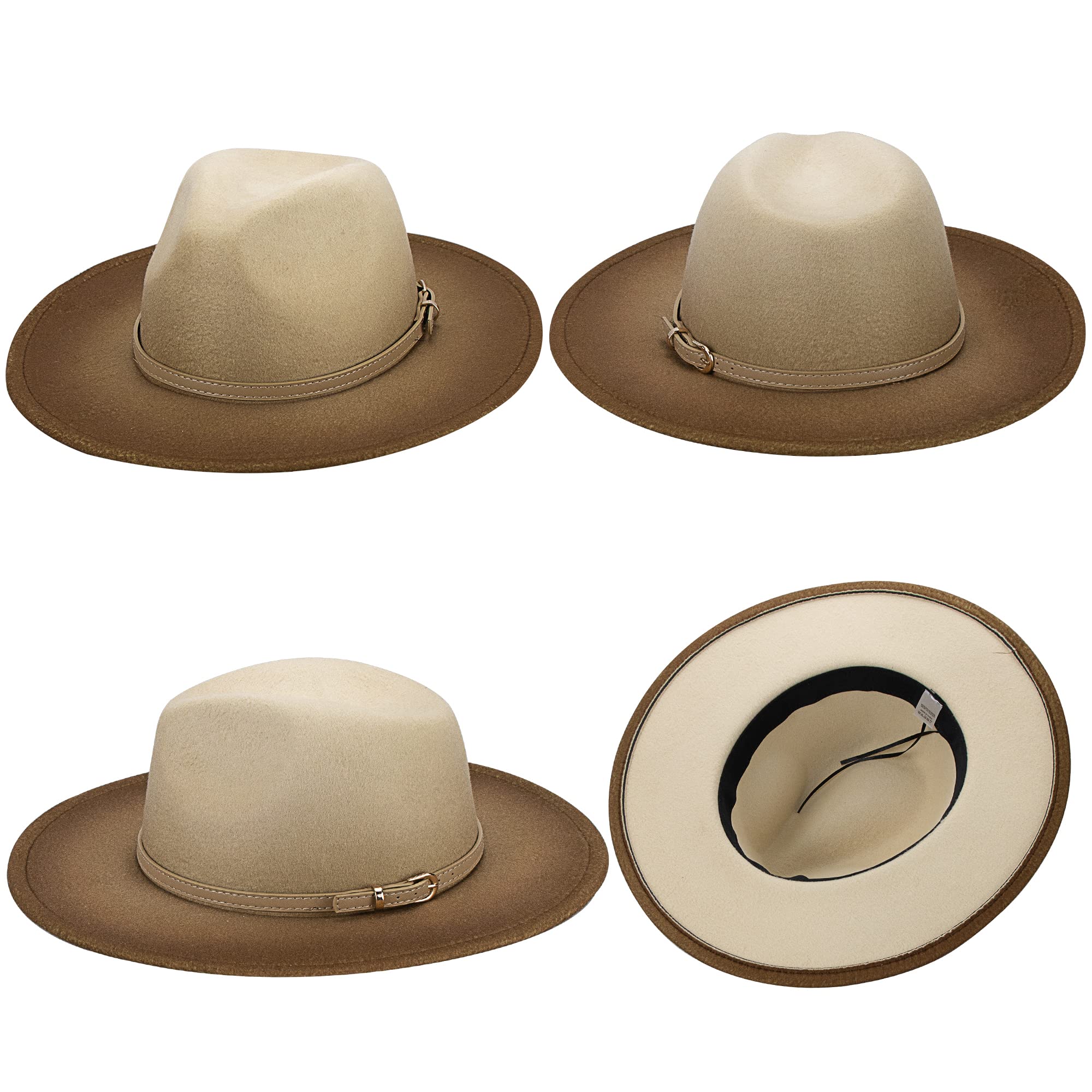 INOGIH Women Belt Buckle Fedora Hat Wide Brim Felt Hat Retro Gradient Panama Two Tone (Khaki, Medium)