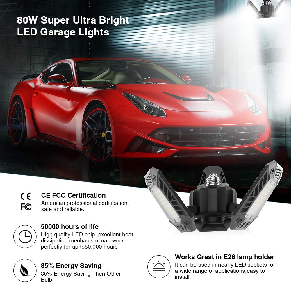 huolaihuowang LED Garage Lights, 80W 270° Deformable Garage Ceiling Light 8000LM 6000K E26 Basement Lights with 3 Adjustable LED Panels Fits for Garage, Warehouse, Barn, Workshop and Yard…