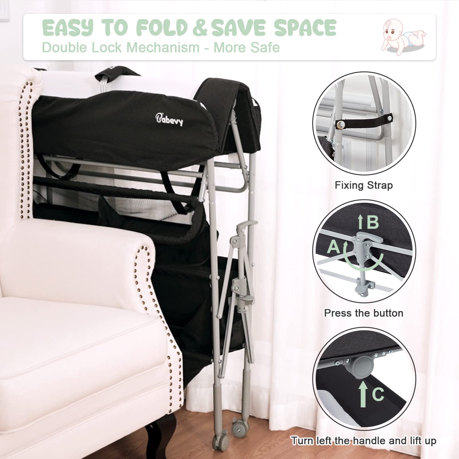 Portable Baby Changing Table, Babevy Foldable Changing Station Changing Dresser with Wheels for Infant, Waterproof Diaper Changing Table Pad Topper, Mobile Nursery Organizer for Newborn (Black)