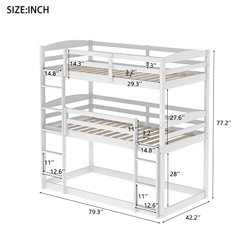 RUNWON Twin Over Twin Triple Bunk Bed with Safety Guardrail and Ladder for Kids Teens, No Box Spring Needed