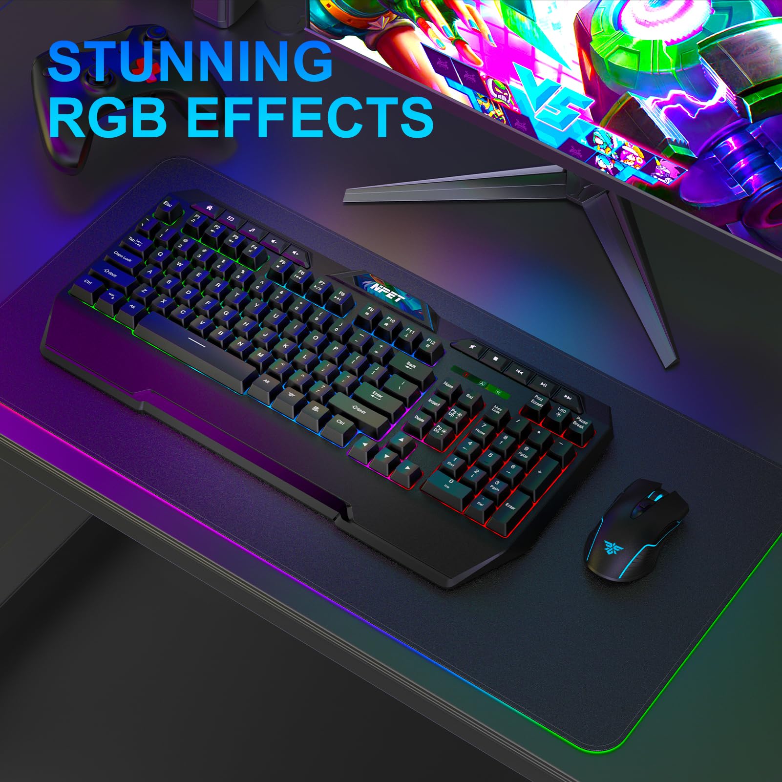 NPET K32 Wireless Gaming Keyboard RGB with Wrist Rest - Long-Lasting Rechargeable Battery - Quick and Quiet Typing - Water Resistant Backlit Wireless Keyboard for PC PS5 PS4 Xbox One Mac - Black