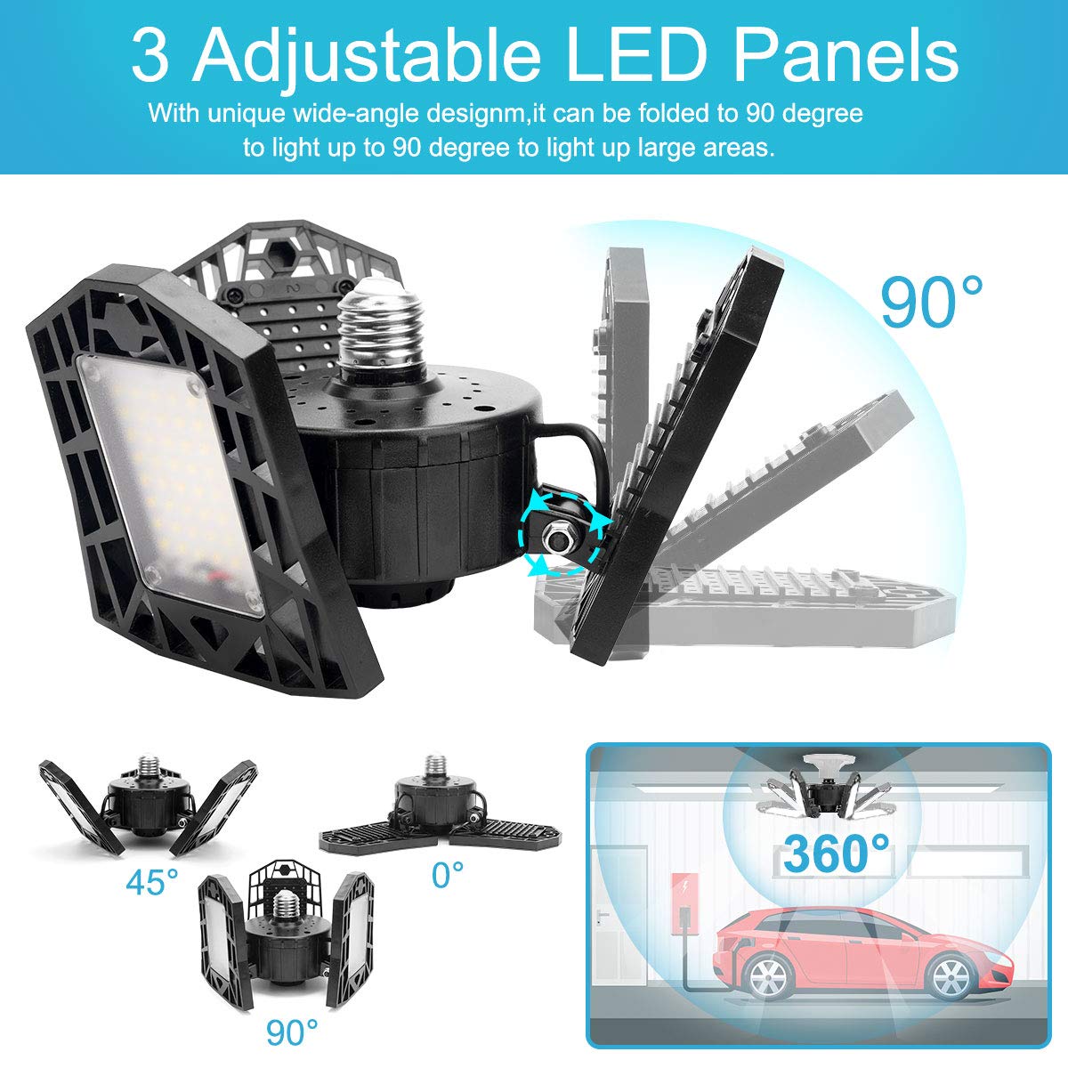 HUOSUC LED Garage Lights, 80W High Bay Lighting, E26/E27 8000LM Deformable LED Garage Ceiling Lights with 3 Adjustable Panels, 6500K Daylight LED Shop Lights for Garage Basement Workshop(2 Pack)