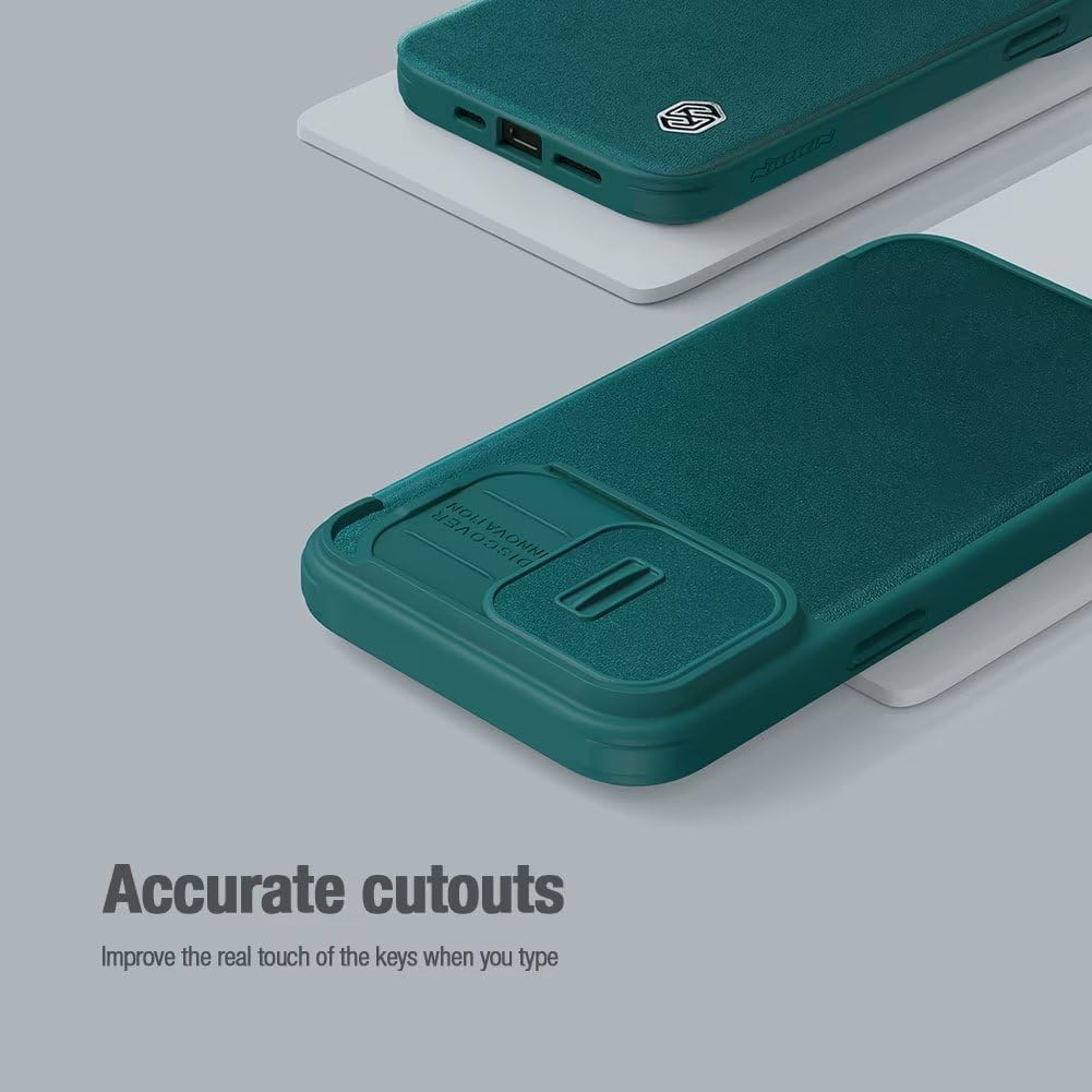 GOOVEN Flip leather case for iPhone 15 Pro Max [Compatible with Magsafe] Sliding camera cover Built-in card slot Impact-resistant slim business folio case，Green