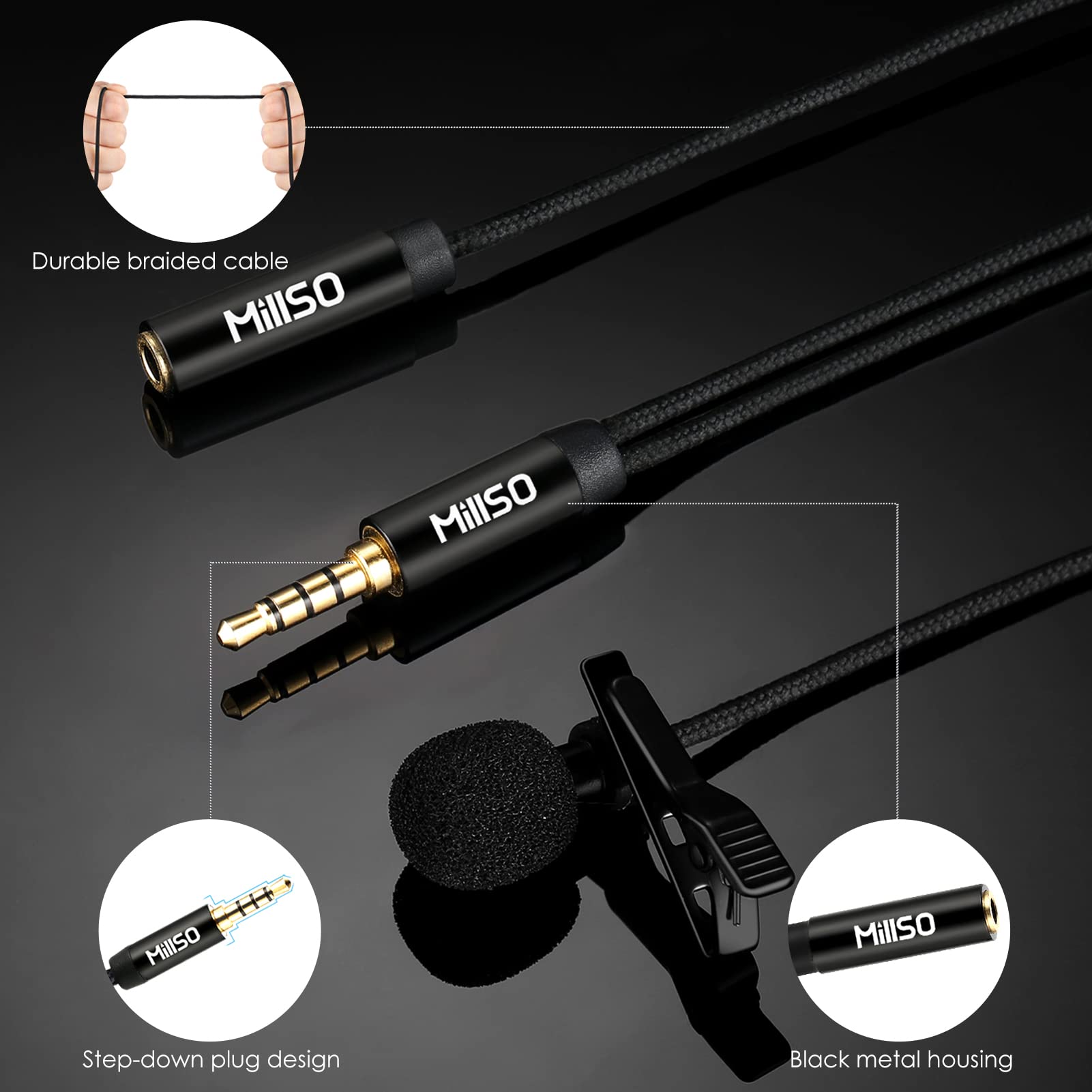 MillSO Lavalier Lapel Microphone W12 Omnidirectional Mini Wired Clip-on Microphone with 3.5mm TRRS Headphone Jack, for PC, Smartphone, YouTube, Interview, Teaching, Recording - 4ft/1.2m