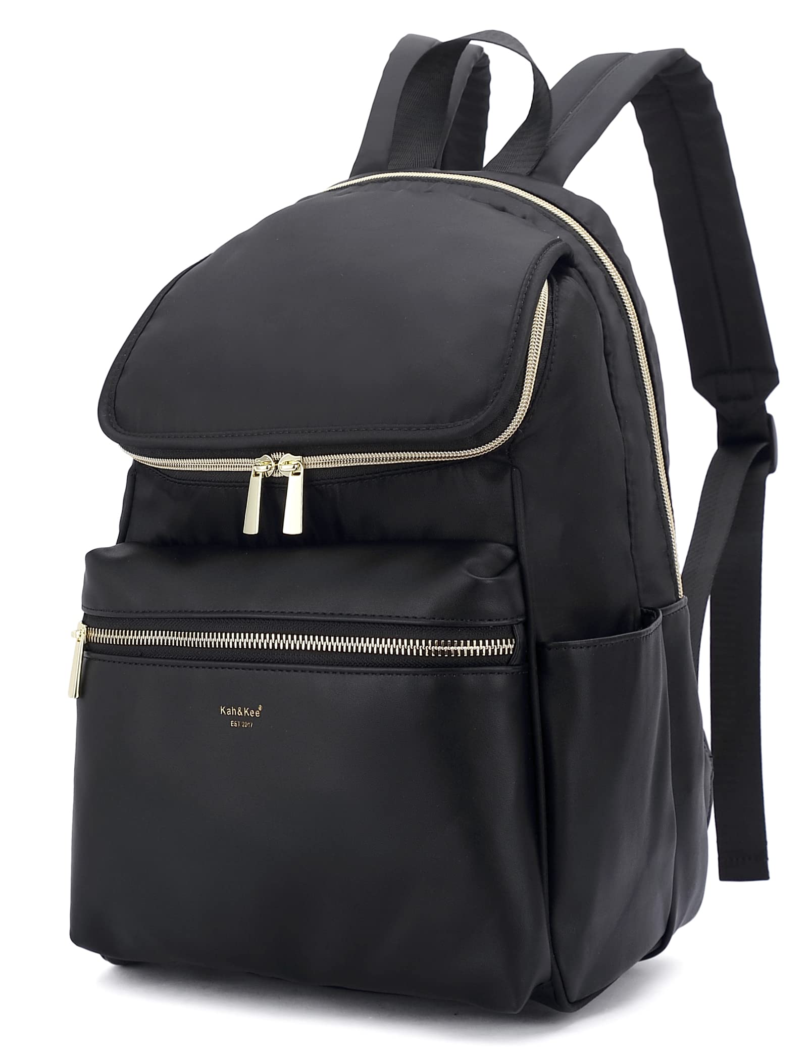 Kah&Kee Backpack for Women Fashion Waterproof School Bag Multiple Compartments 10 Pockets Fake-Leather Nylon Stitching (Black)