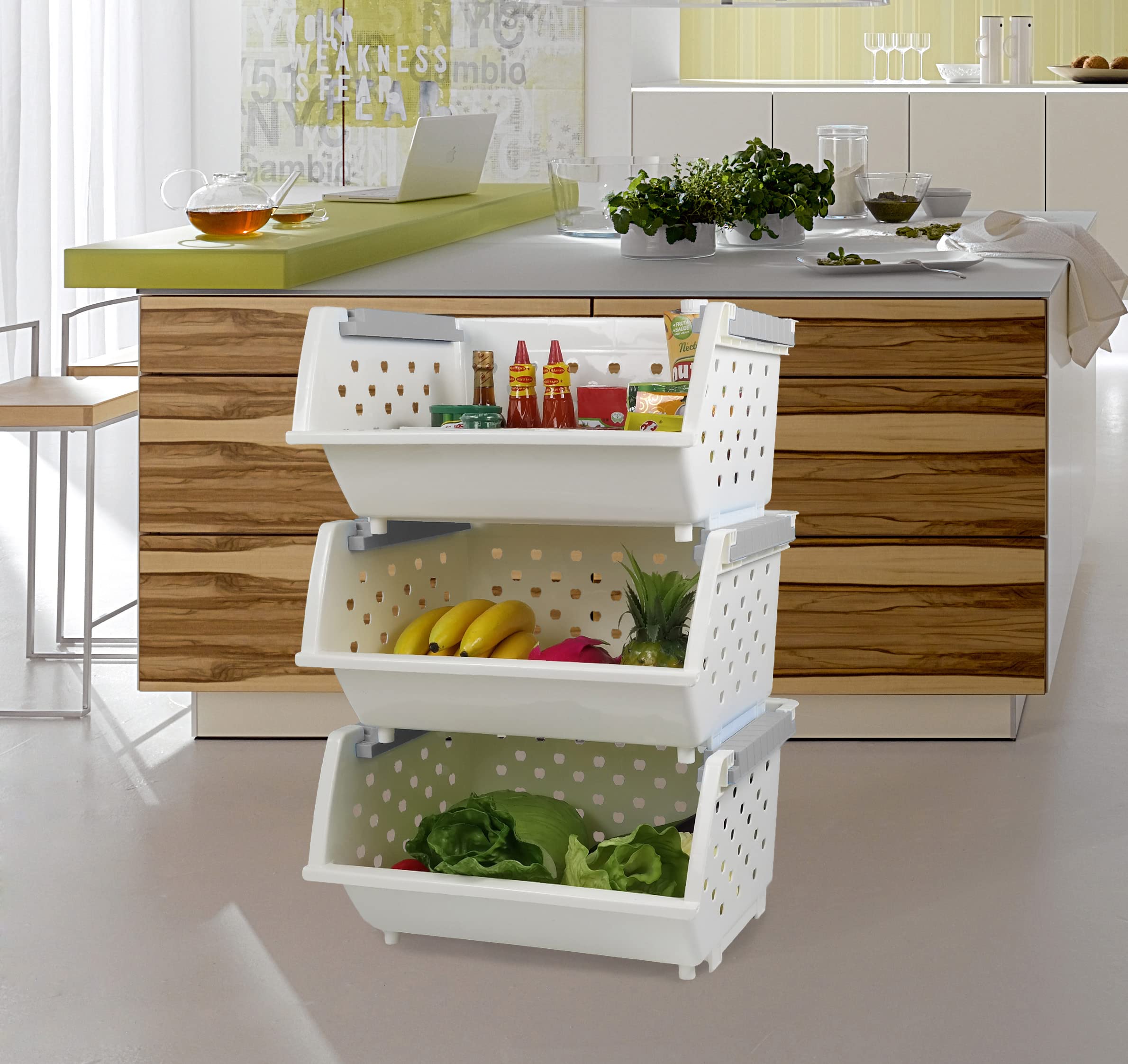 Hommp 3-Pack Plastic Stackable Storage Basket, White Stacking Organizer Basket