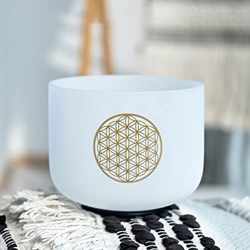 N/A 528Hz 8 Inch Frosted Quartz Crystal Singing Bowl C Note with Life Flower Design for Stress Relief