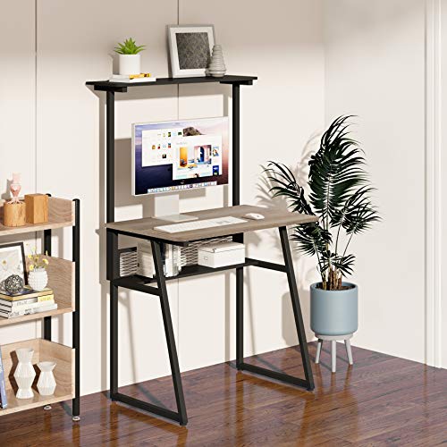 HOMOOI Height Adjustable Computer Desk with Printer Shelf and Bookshelf, Home Office Workstation for Small Space,Beige
