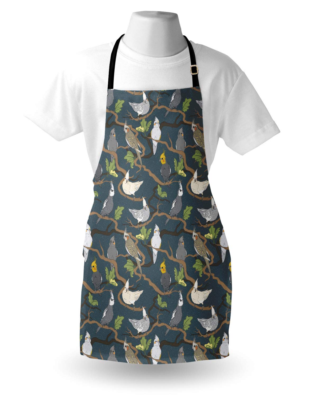 Lunarable Birds Apron, Cockatiels and Exotic Parrots on Branches in Jungles Tropical Leaves, Unisex Kitchen Bib with Adjustable Neck for Cooking Gardening, Adult Size, Blue Multicolor