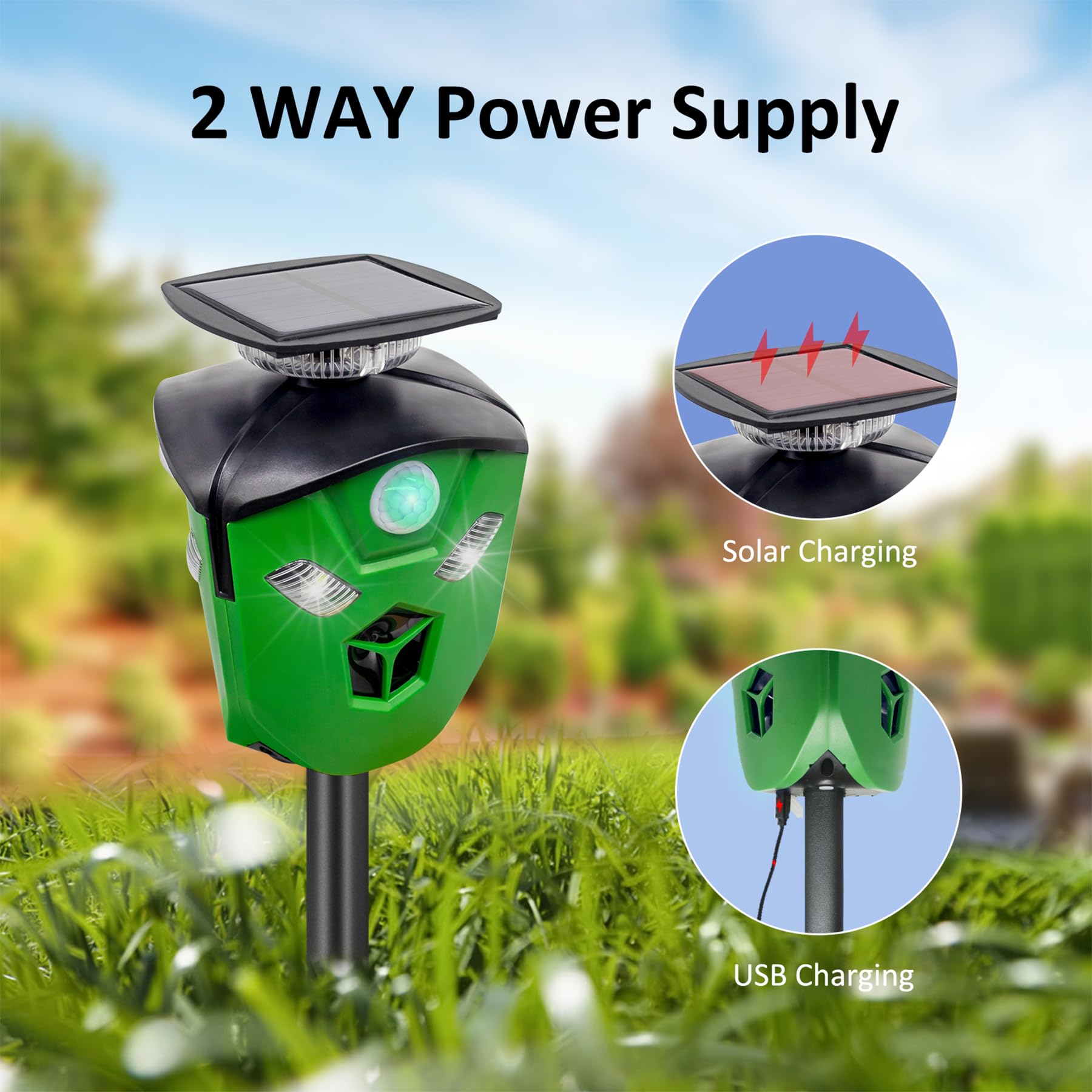 Solar Powered Ultrasonic Animal Repellent 360° Squirrel Repeller Outdoors Deer Repeller Smart Dog Cat Deterrent with Motion Sensor White Flashing Light Coyote Fox Raccoon for Yard Garden Farm