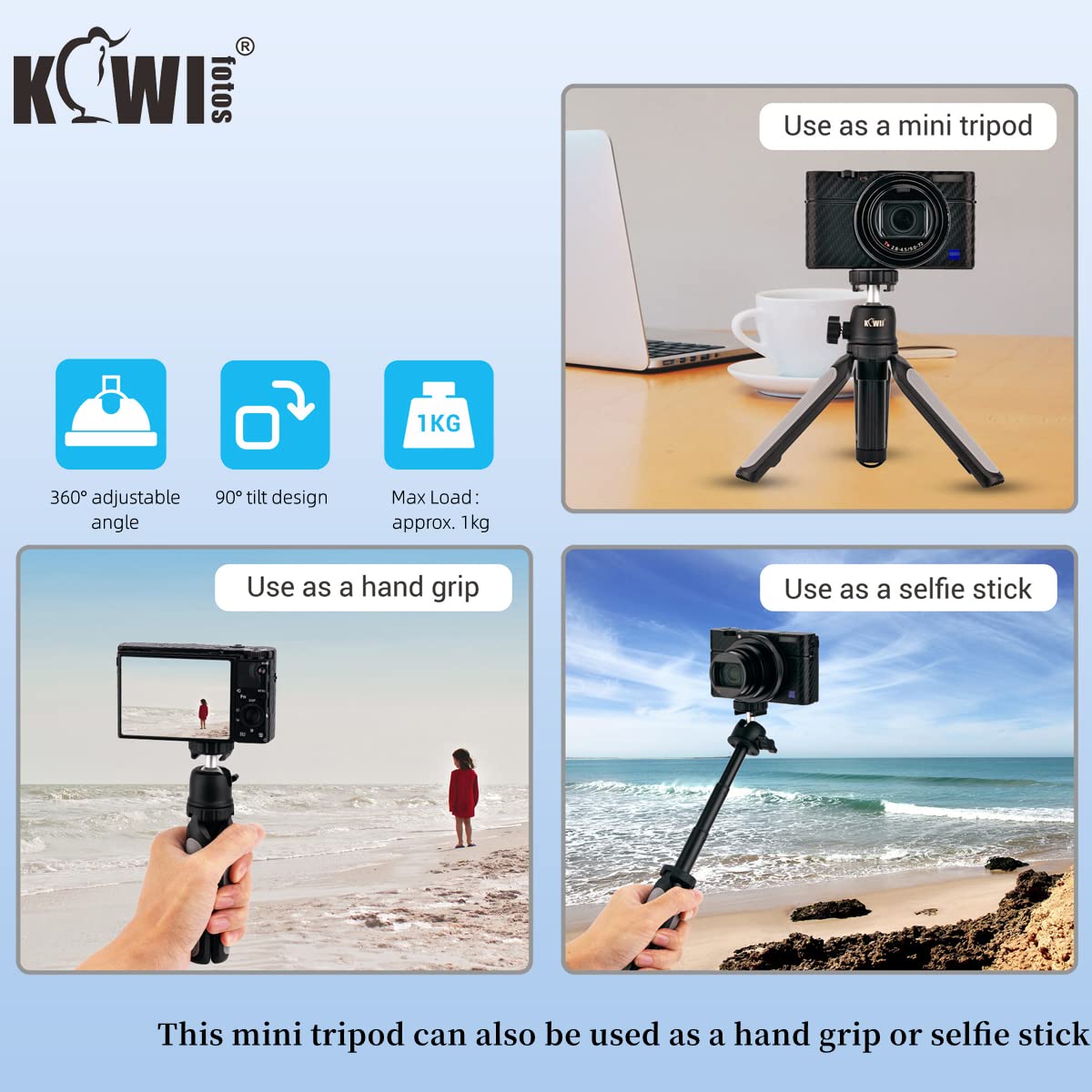 KIWIFOTOS Mini Tabletop Tripod Handheld Grip with Power Bank Handgrip for Sony A7III A7II A6400 A7RIII A7RIV ZV1, for iPhone Phone Gopro Osmo Pocket Action Camera, Compact Mirrorless Entry-Level DSLR
