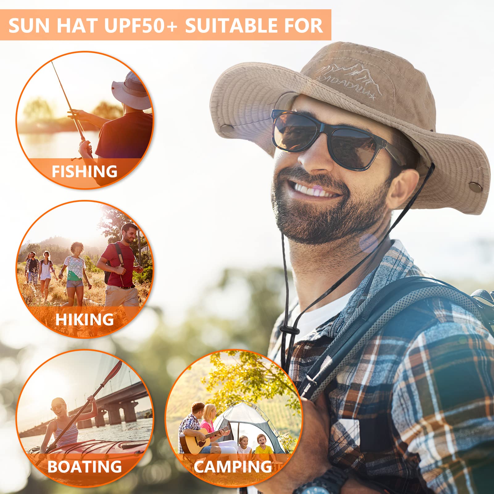 Obling Sun Hat, Fishing Hat UPF 50 Wide Brim Bucket Hat Safari Boonie Hat B-Khaki