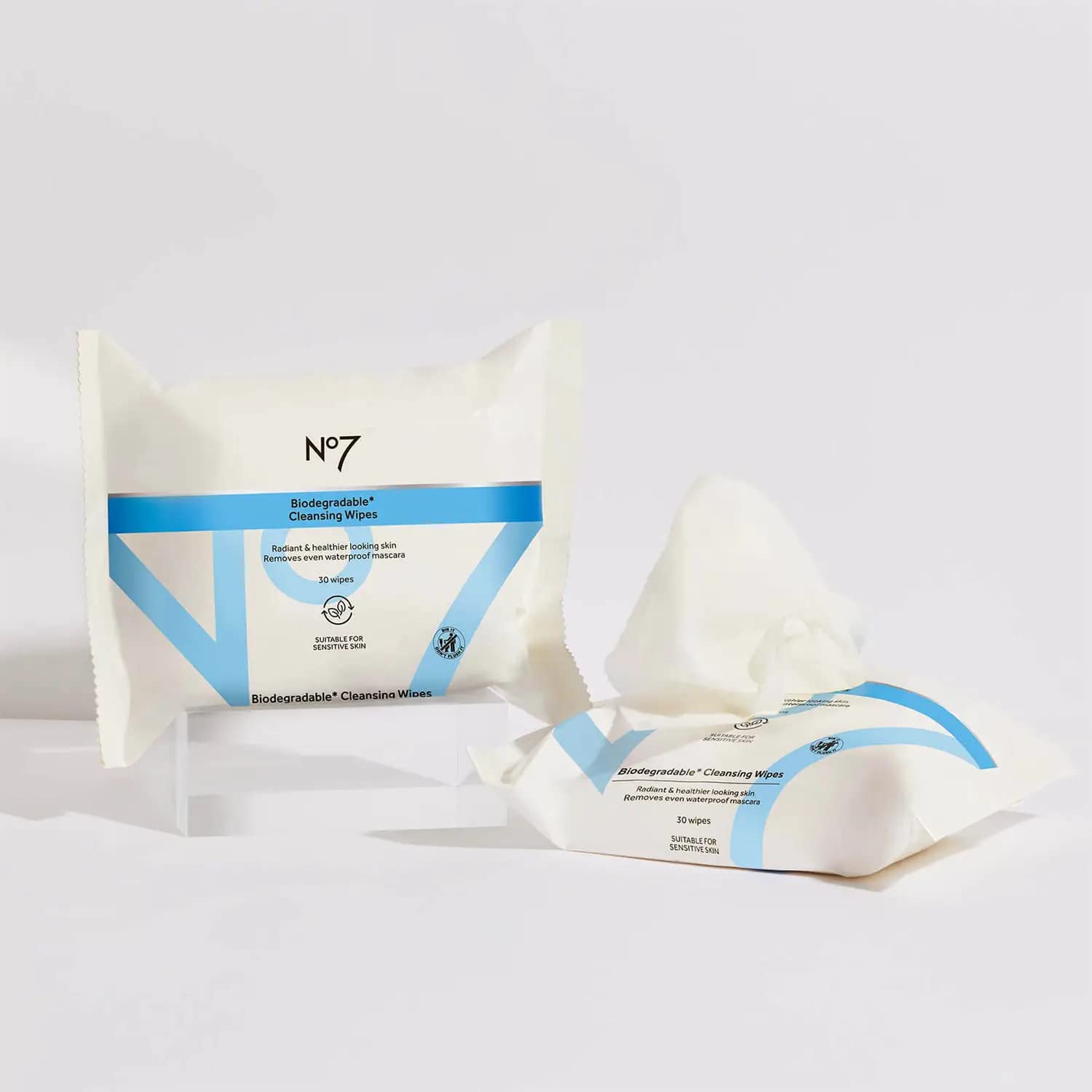 No7 Biodegradable Cleansing Wipes - Waterproof Mascara & Makeup Remover Wipes - Vitamin B5 + Witch Hazel & Fennel Extract Facial Cleansing Wipes for Revitalized Radiant Skin (Dual Pack, 60 Wipes)