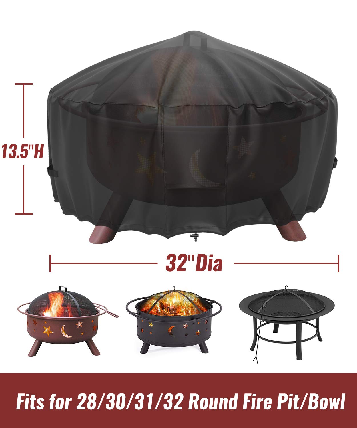 NUPICK 32 Inch Round Fire Pit Cover for Landmann Big Sky, 600D Heavy Duty and Waterproof Cover Fit 28/30/31/32 Inch Round Fire Pit/Bowl, All Weather Resistant