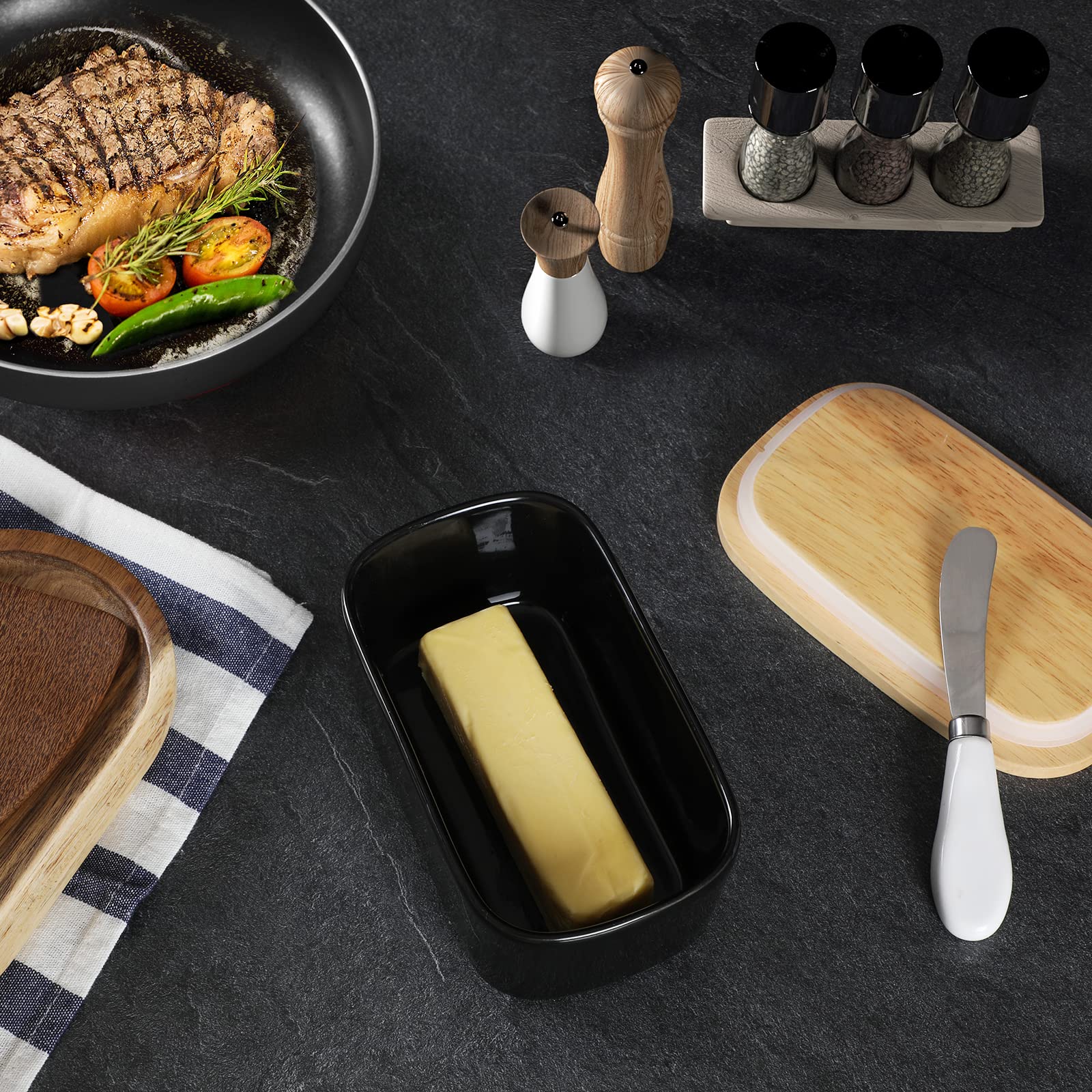 Large Ceramic Butter Dish for Countertop - Butter Keeper with High-Quality Silicone Sealing, Natural Wooden Lid and Stainless Steel Knife, Kitchen Decor and Accessories for Kitchen Gifts (Black)