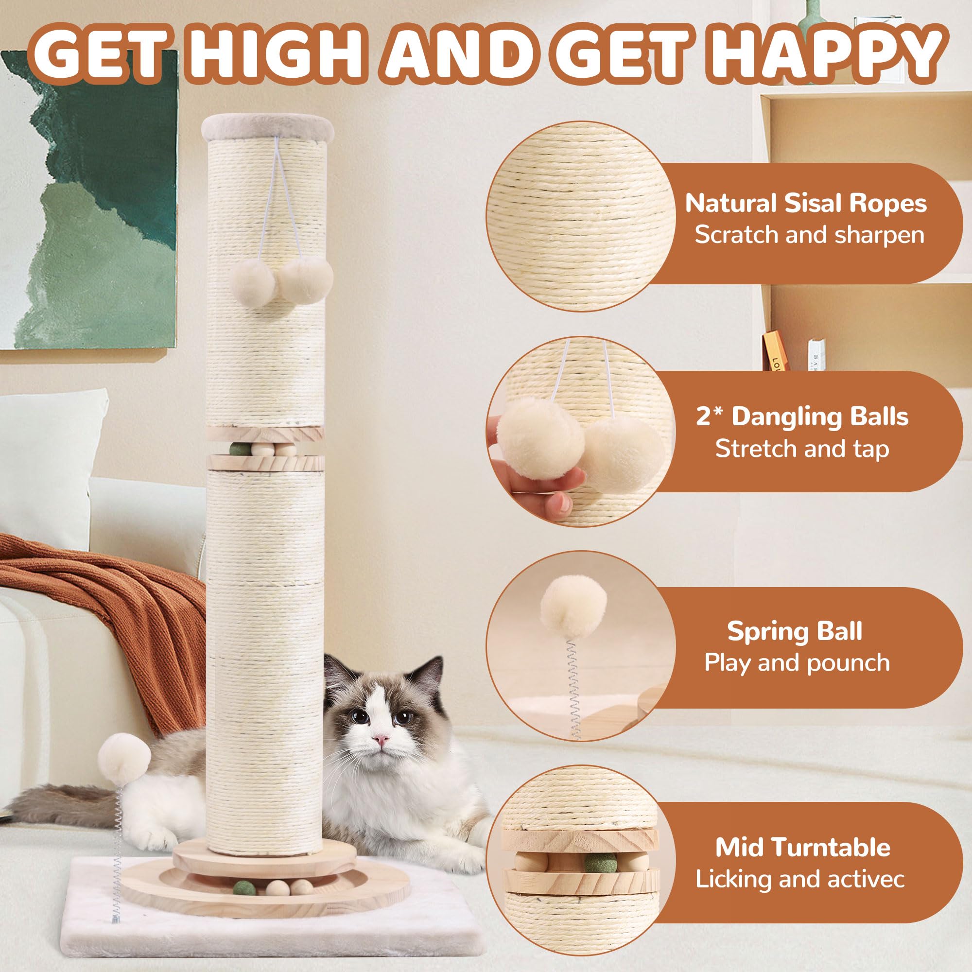 OTOB 33" Tall Cat Scratching Post, 4.3Inch Large Diameter Natural Sisal Rope Scratcher Post, 5-in-1 Interactive Turntable Cat Scratch Post with Soft Hanging Ball Toys for Indoor Large Cats