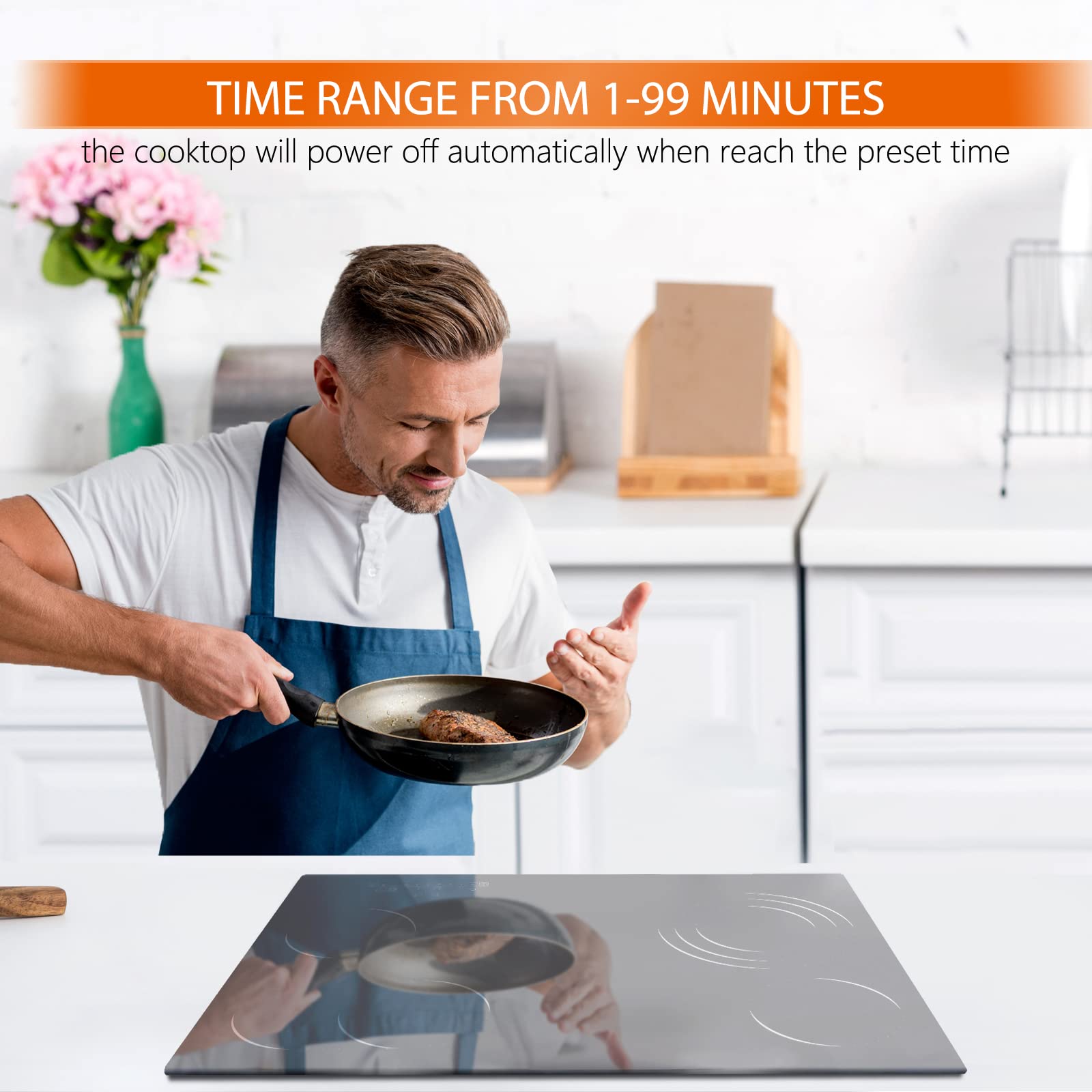 Homtone 4 Burner Electric Cooktop7200W, Radiant Electric Stove, Built-in Electric Ceramic Cooker, Glass Surface Sensor Touch Control, Timer & Child Lock, 220V-240V Hard Wire