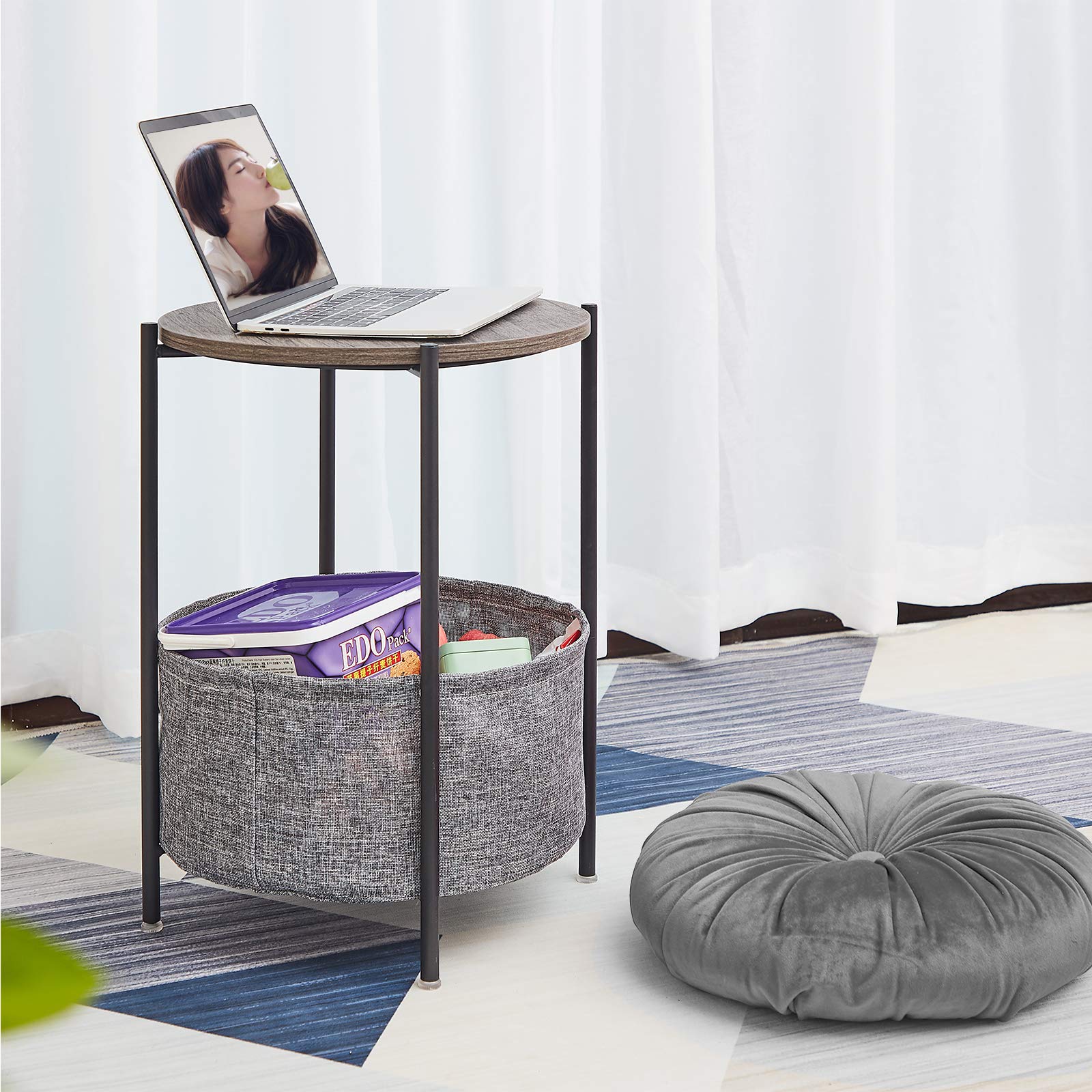 JANE EYRE Round Side Table with Storage Basket Small End Table Nightstand with Fabric Storage for Living Room Bedroom Home Office
