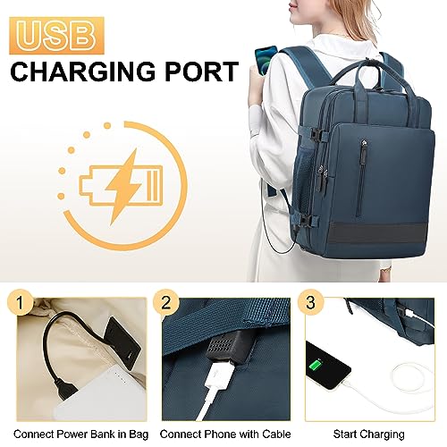 InduSKY Large Travel Backpack for Women, 40L Carry On Backpack Airline Flight Approved with USB Charging Port Shoes Compartment, Personal Luggage Backpack 15.6 Inch Laptop Backpack(Beige+Navy Blue)