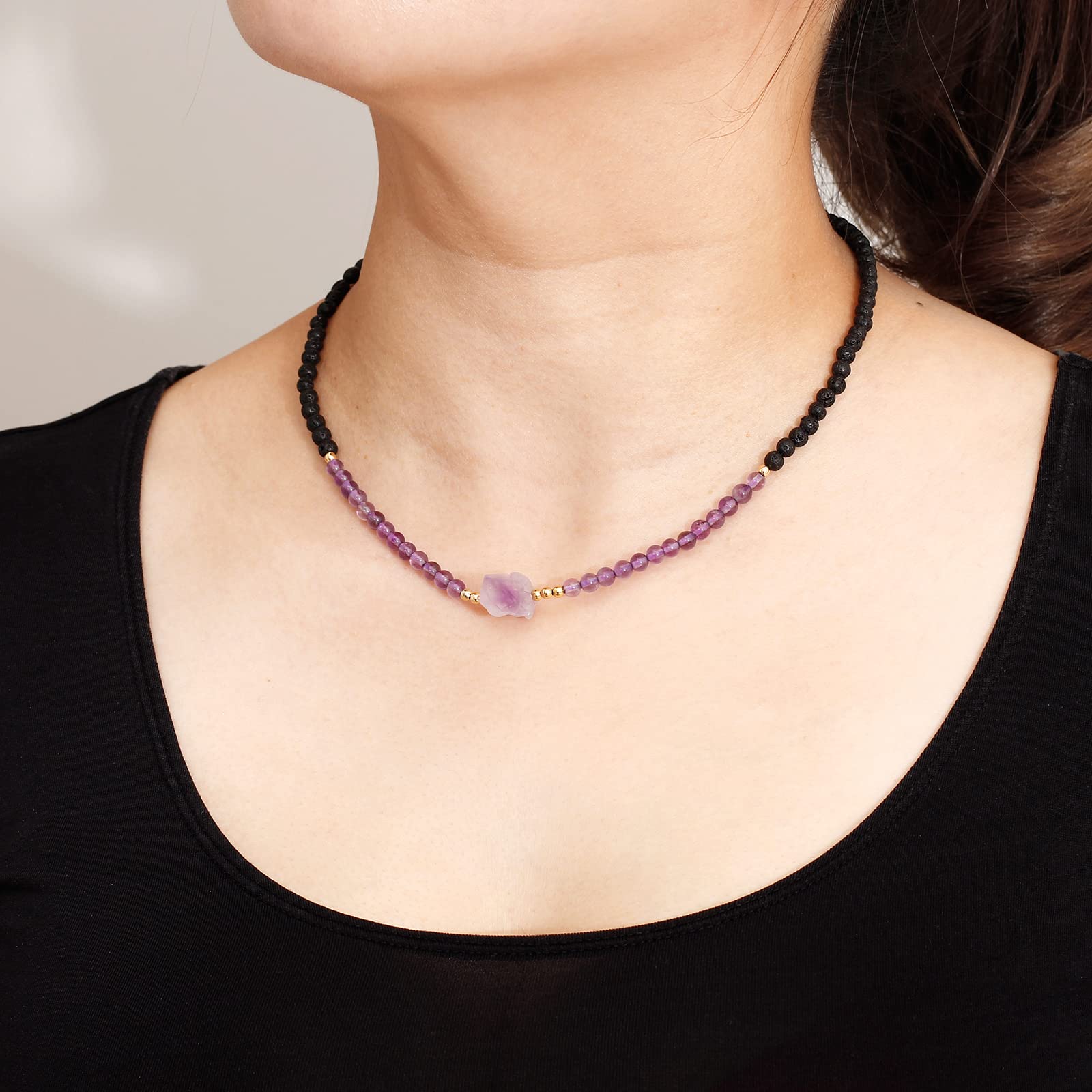 JEWME Hand Beaded Natural Crystal Rough Volcanic Stone Amethyst Necklaces Essential Oils Diffuser Stone Reiki Energy Balance Unisex