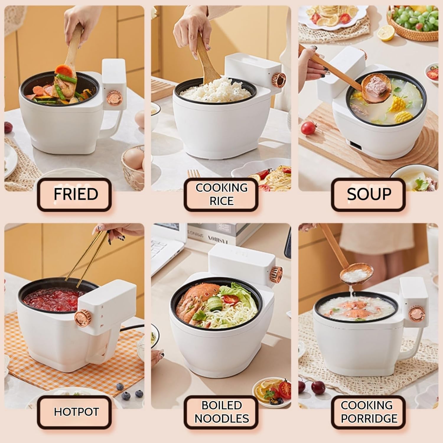 Small Rice Cooker Toilet Shaped Electric Cooker Slow Cooker, Fun Rice Cooker, 2 Quart 6 Cups Cooked Rice (3 Cups Uncooked Rice) Suitable for Pasta, Noodles, Soup Suitable for Dormitory, Office, white