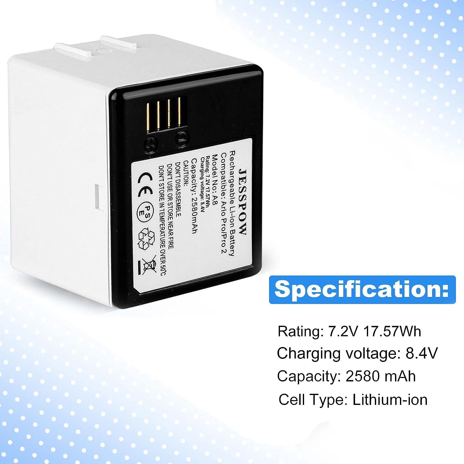 JESSPOW Replacement Battery for Arlo Pro, Arlo Pro 2 (VMA4400), 2-Pack 2580mAh Li-ion Rechargeable Batteries for Arlo Pro/Pro 2
