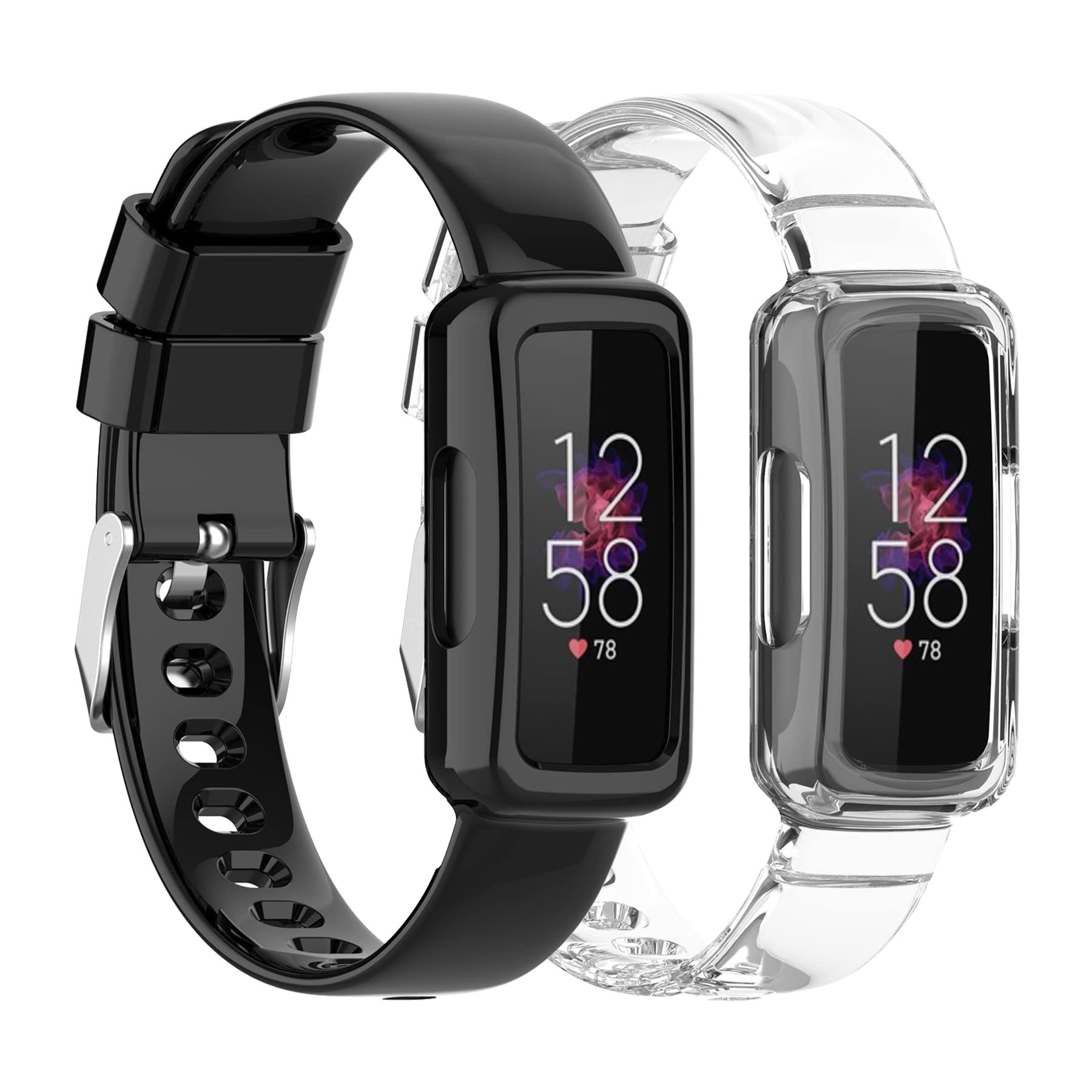 Kakurookie 2 Pack Compatible with Fitbit Luxe/Inspire/Inspire HR/Inspire 2/Ace 2/Ace 3 Bands with Case Shockproof Rugged Band Strap with Protective Bumper Case Men Women (Clear + Black)
