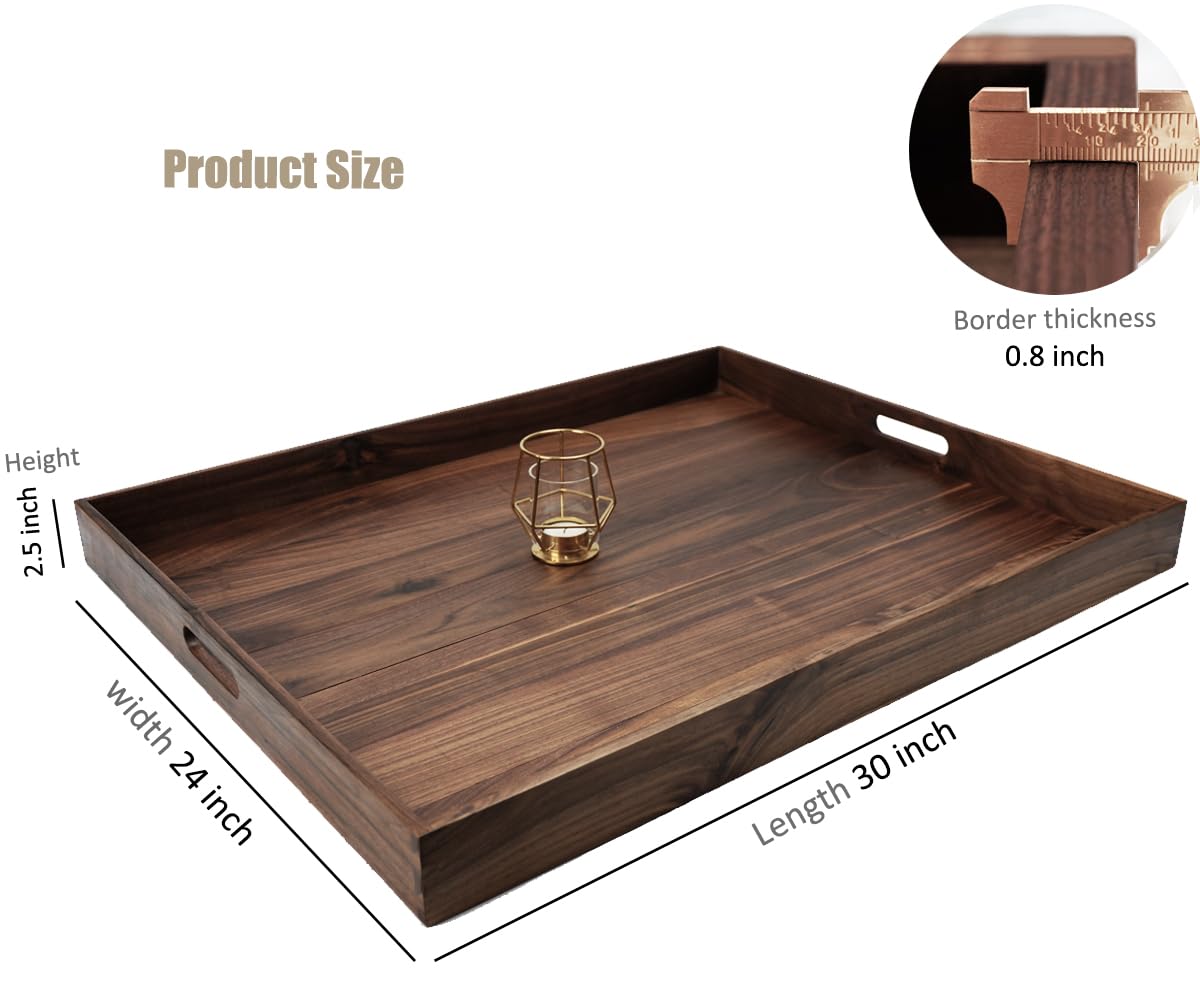MAGIGO 30 x 24 Inches Extra Large Rectangle Black Walnut Wood Ottoman Tray with Handles, Serve Tea, Coffee Classic Wooden Decorative Serving Tray