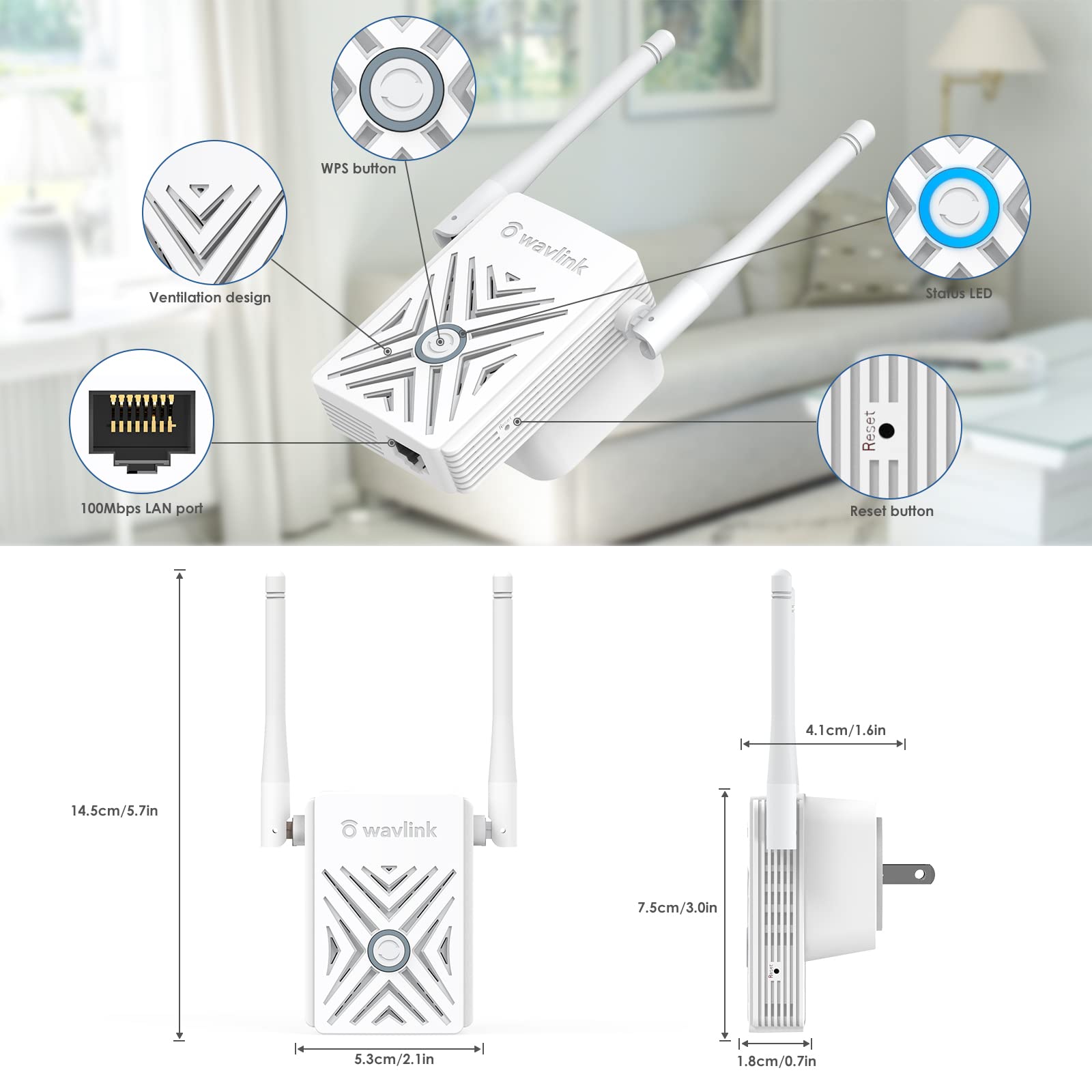 N300 Wi-Fi Range Extender -Wavlink Wireless Signal Booster and Access Point, Coverage Up to 1000 Sq.ft, Supports Repeater/Access Point Modes, 3dBi Antennas, Easy Setup,Single Band 2.4Ghz Only