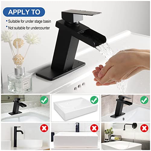 Matte Black Bathroom Faucet, Homikit Waterfall Bathroom Faucets for Sink 1 or 3 Holes, Modern Vanity Faucet with Single Handle Single Hole, Pop Up Drain, Deck Plate, 2 Water Supply Hoses