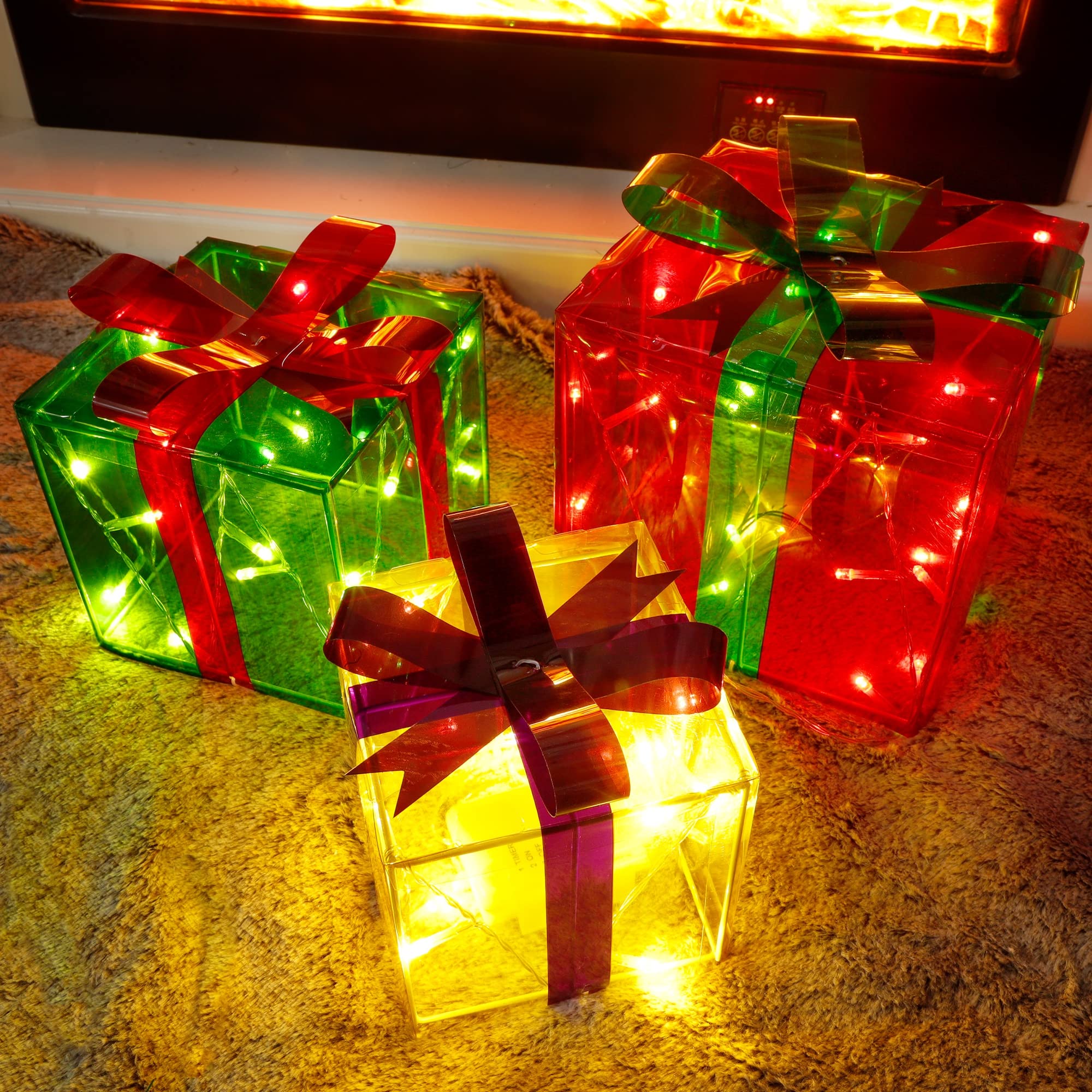 Joliyoou Christmas Lighted Gift Boxes, Set of 3 Light Up 60 LED Deocr Outdoor, Light Up Christmas Boxes Present Decorations Outdoor Yard Red Green Yellow