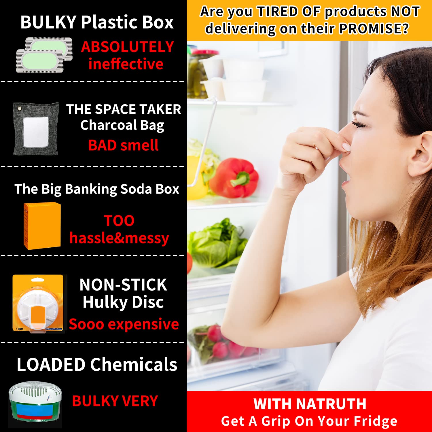 Nonscents Fridge Deodorizer Refrigerator Odor Eliminator,Natural Bamboo Activated Charcoal,Fridge Odor Remover Freezer Odor Absorber For Fridges, Freezers, Coolers & Lunch Boxes (4 Count)