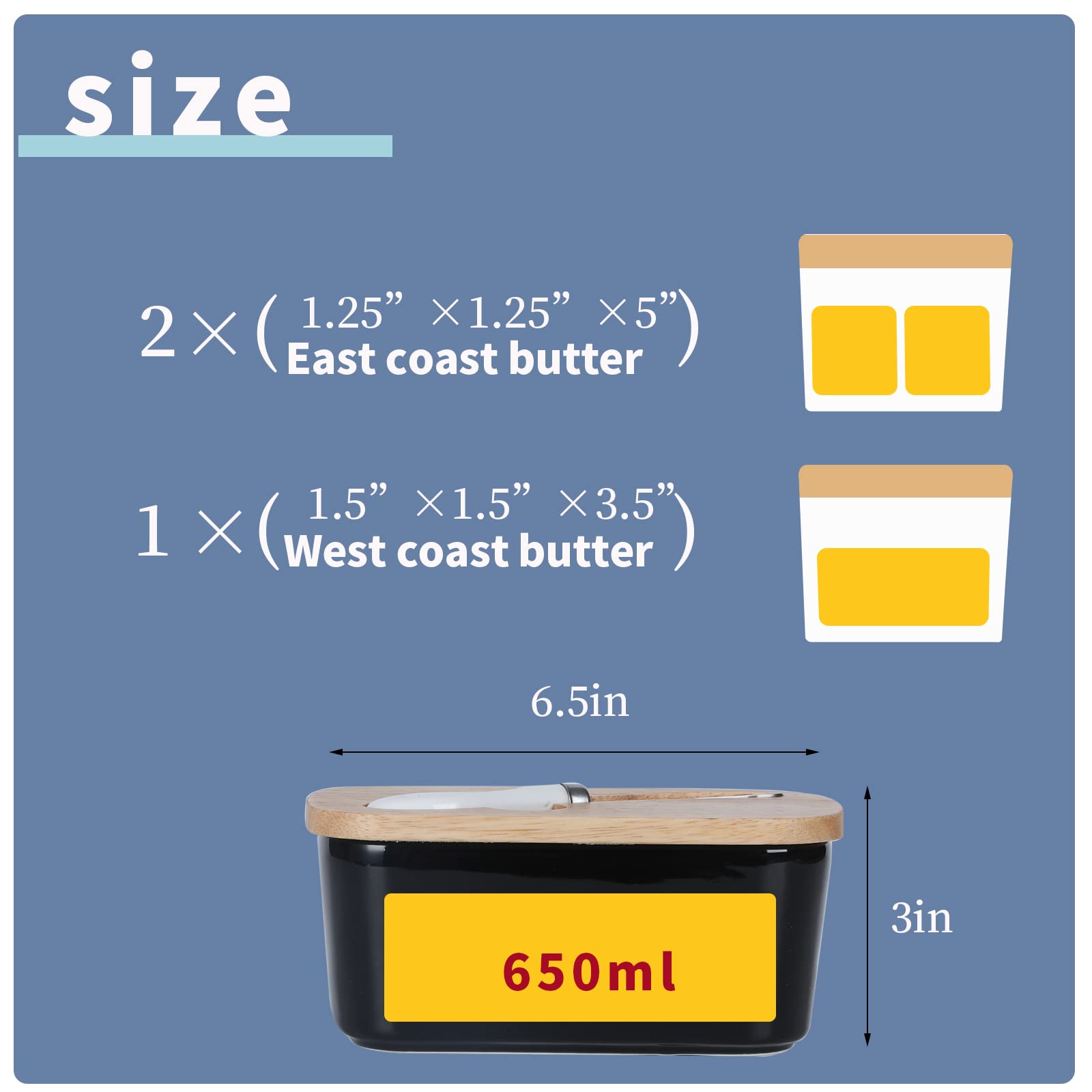 Large Ceramic Butter Dish for Countertop - Butter Keeper with High-Quality Silicone Sealing, Natural Wooden Lid and Stainless Steel Knife, Kitchen Decor and Accessories for Kitchen Gifts (Black)